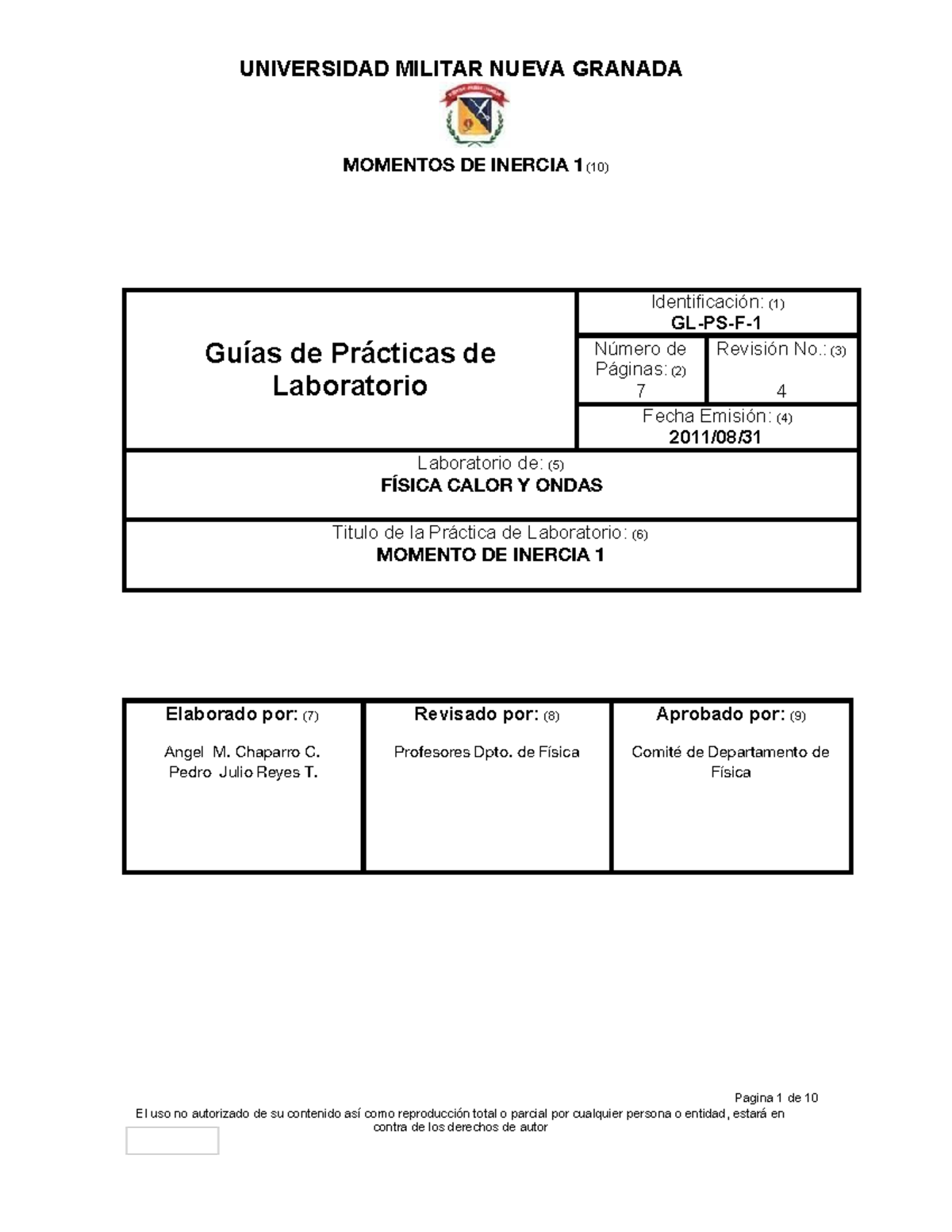 Lab Momento de inercia - laboratorio - MOMENTOS DE INERCIA 1 (10 ...