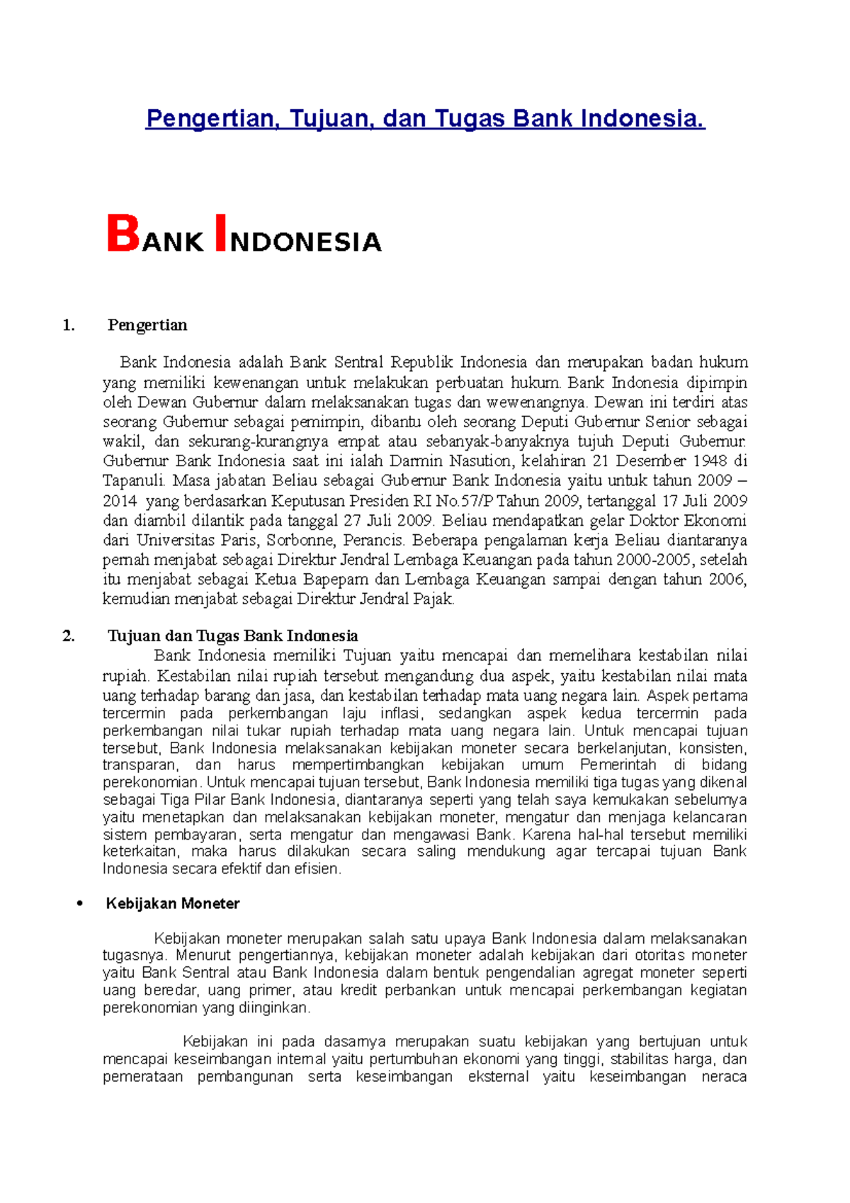 Pengertian, Tujuan, dan Tugas Bank Indonesia - BANK INDONESIA 1 ...