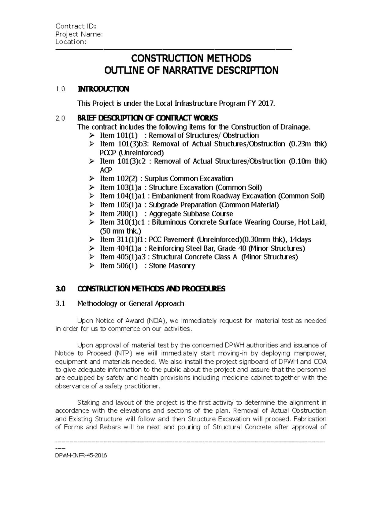 Construction Method Sample Contract ID Project Name Location