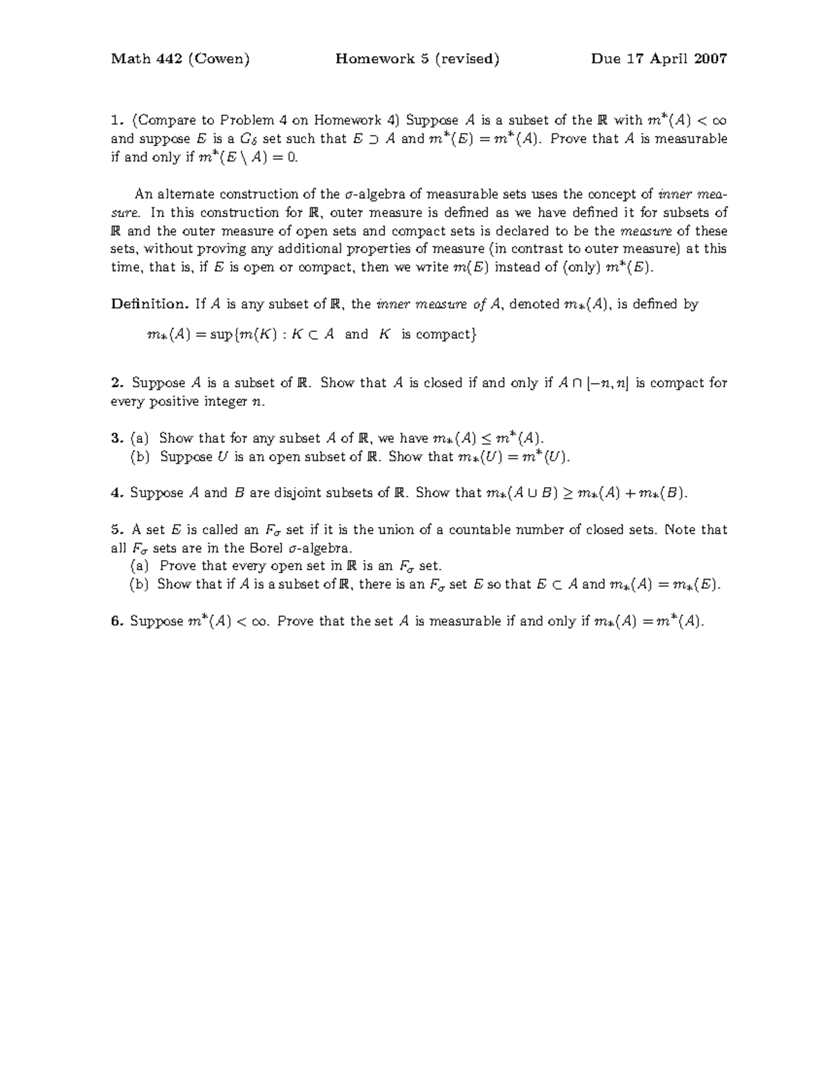 Math442HW5 - HWs for Math 44200, Carl Cowen class - Math 442 (Cowen ...