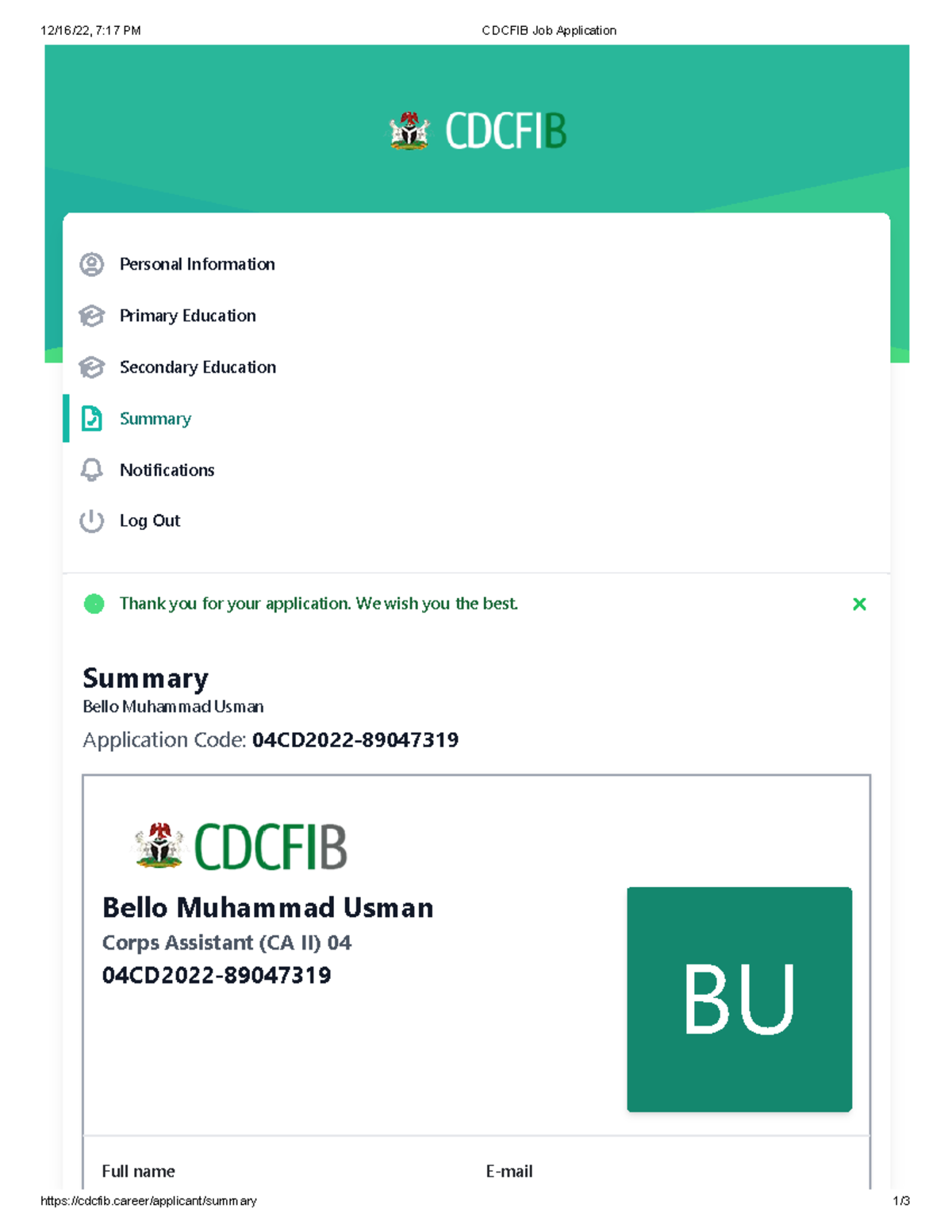 Cdcfib Job Application - 12/16/22, 7:17 PM CDCFIB Job Application cdcfib/applicant/summary 1 ...