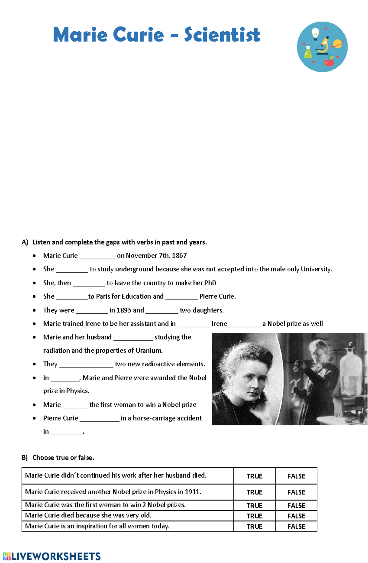 907190553506528 - ingles ejercicios - Marie Curie - Scientist A) Listen ...