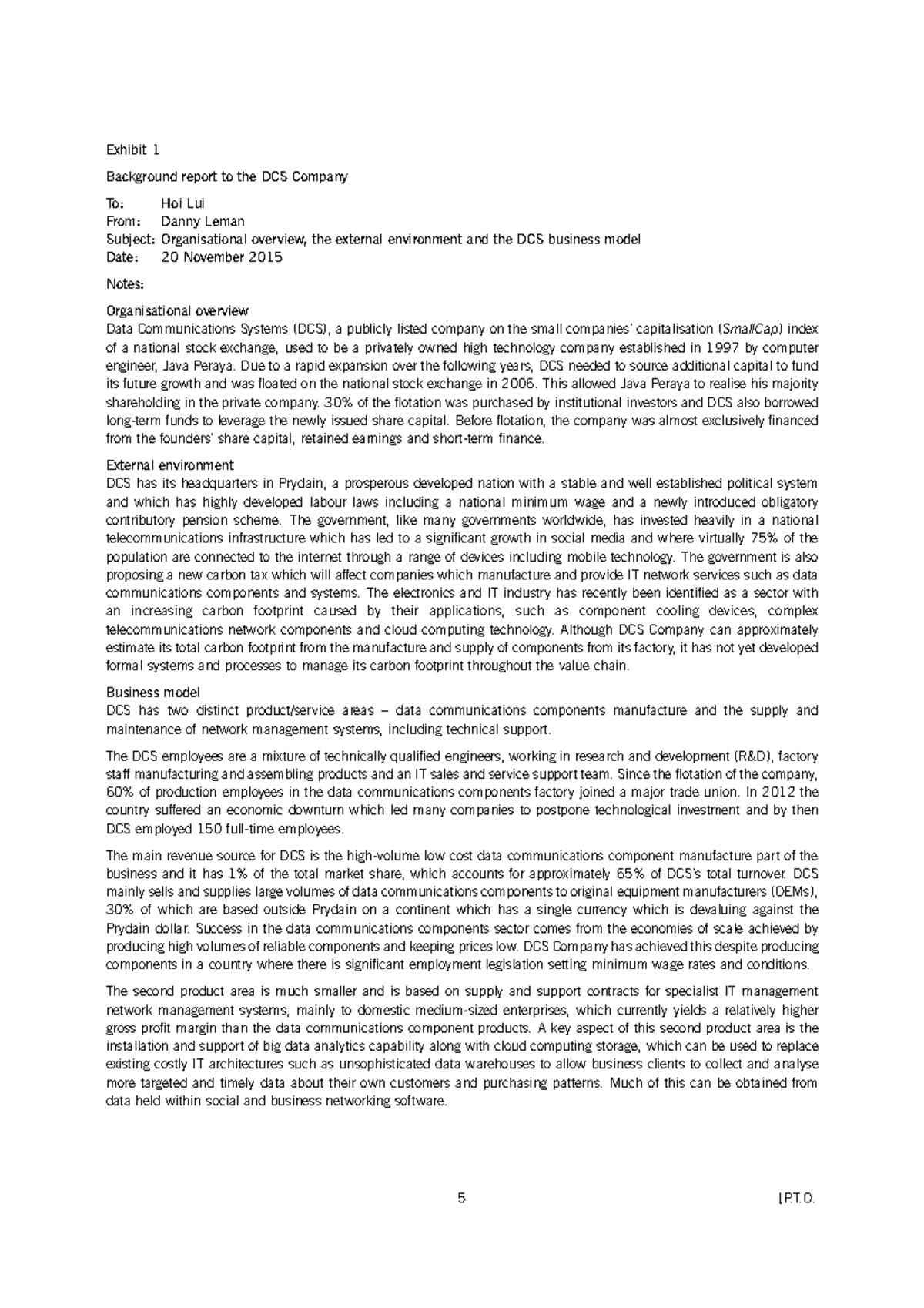 Exibits S18 SBL Specimen Paper 1 - Background report to the DCS Company ...