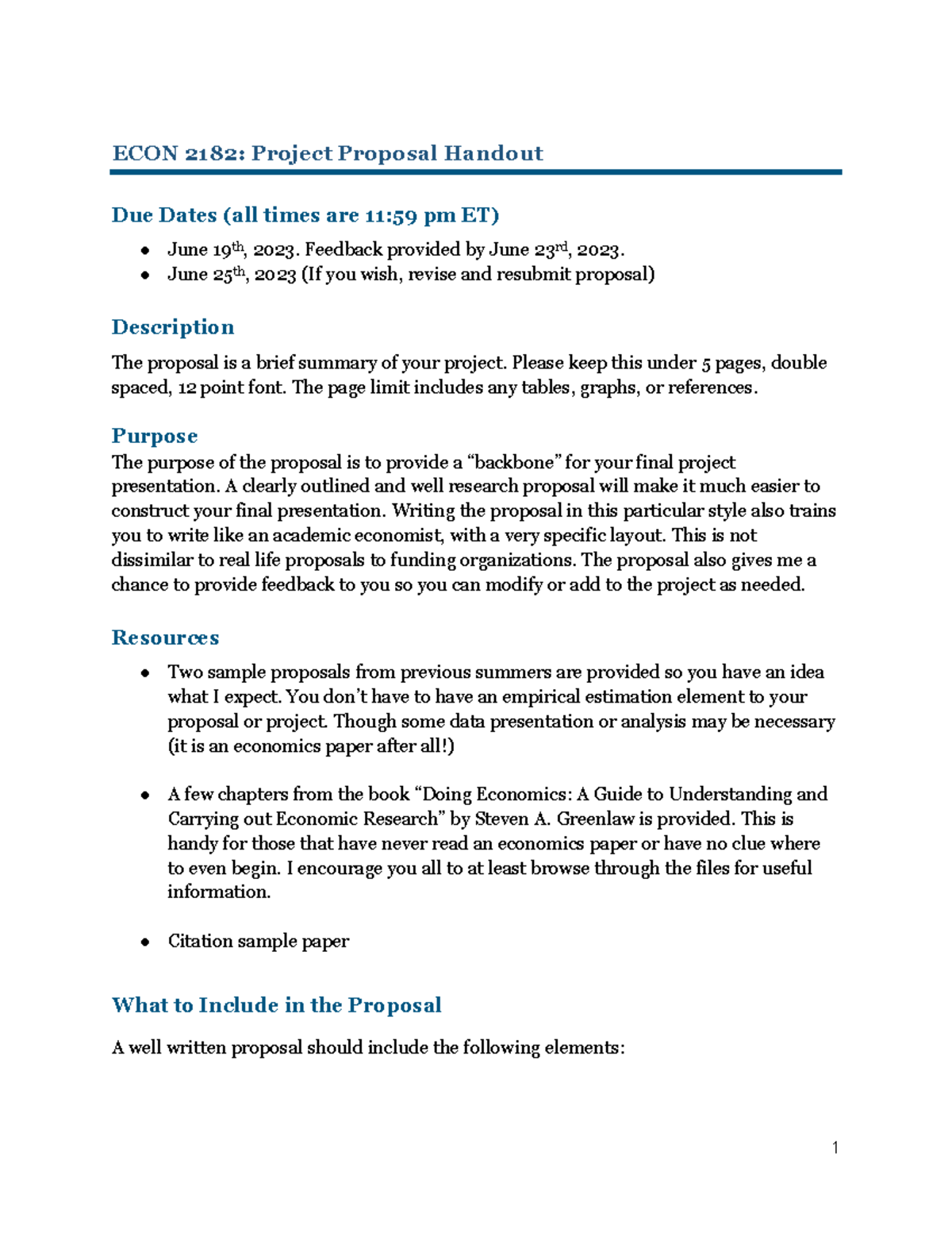 ECON 2182 Project Proposal Handout Summer 2023 - 1 ECON 2182: Project ...