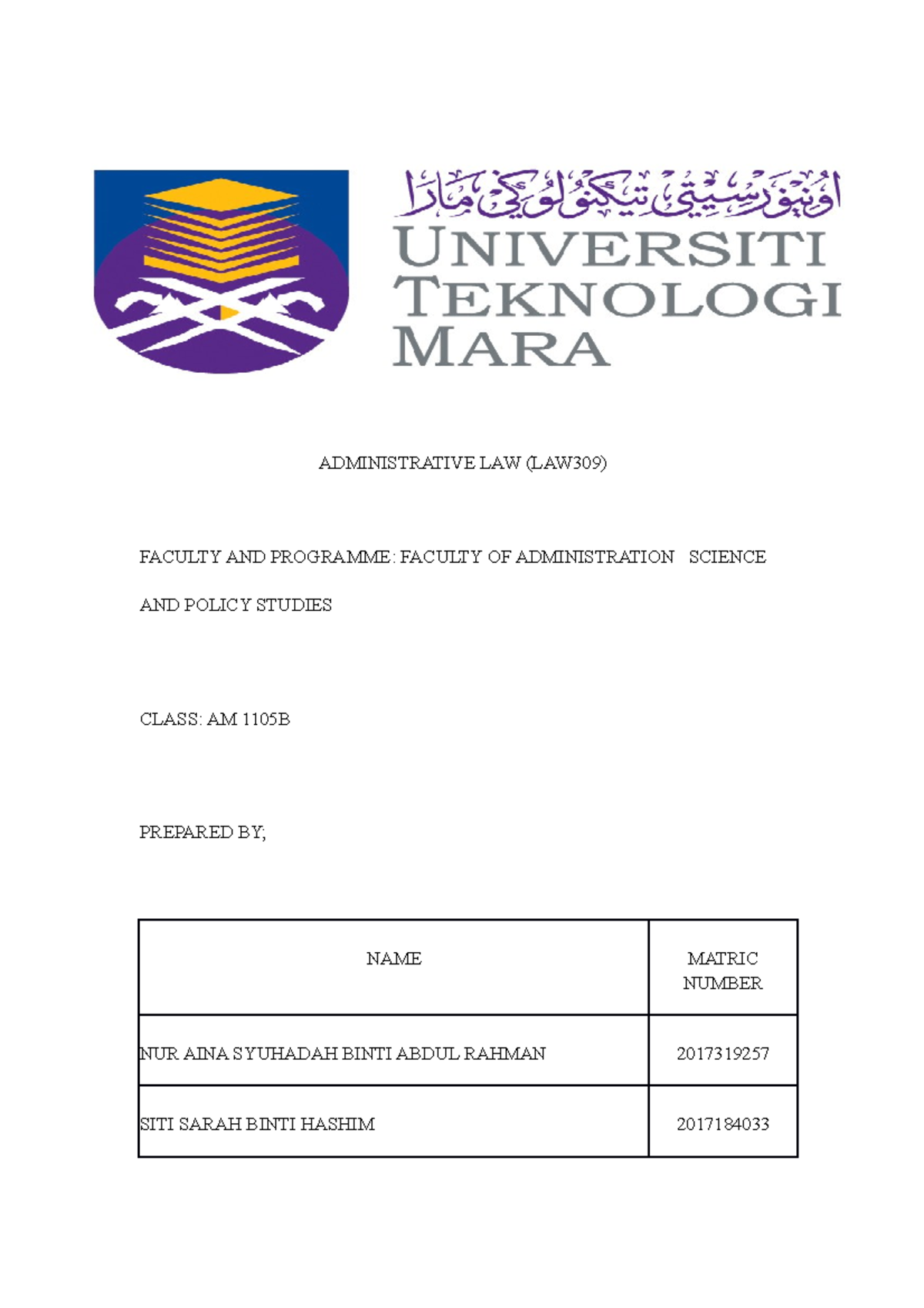 LAW 309 Assignment 1 - topic 1 in uitm book - ADMINISTRATIVE LAW ...
