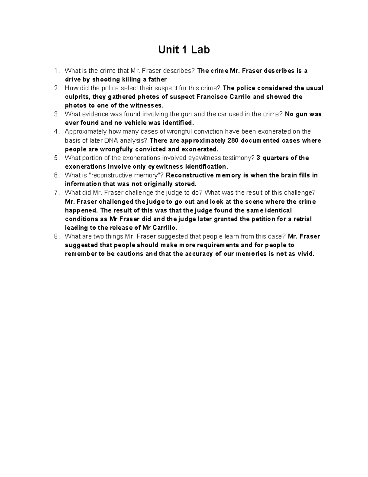 Unit 1 Lab - Unit 1 Lab 1. What is the crime that Mr. Fraser describes? The crime Mr. Fraser ...
