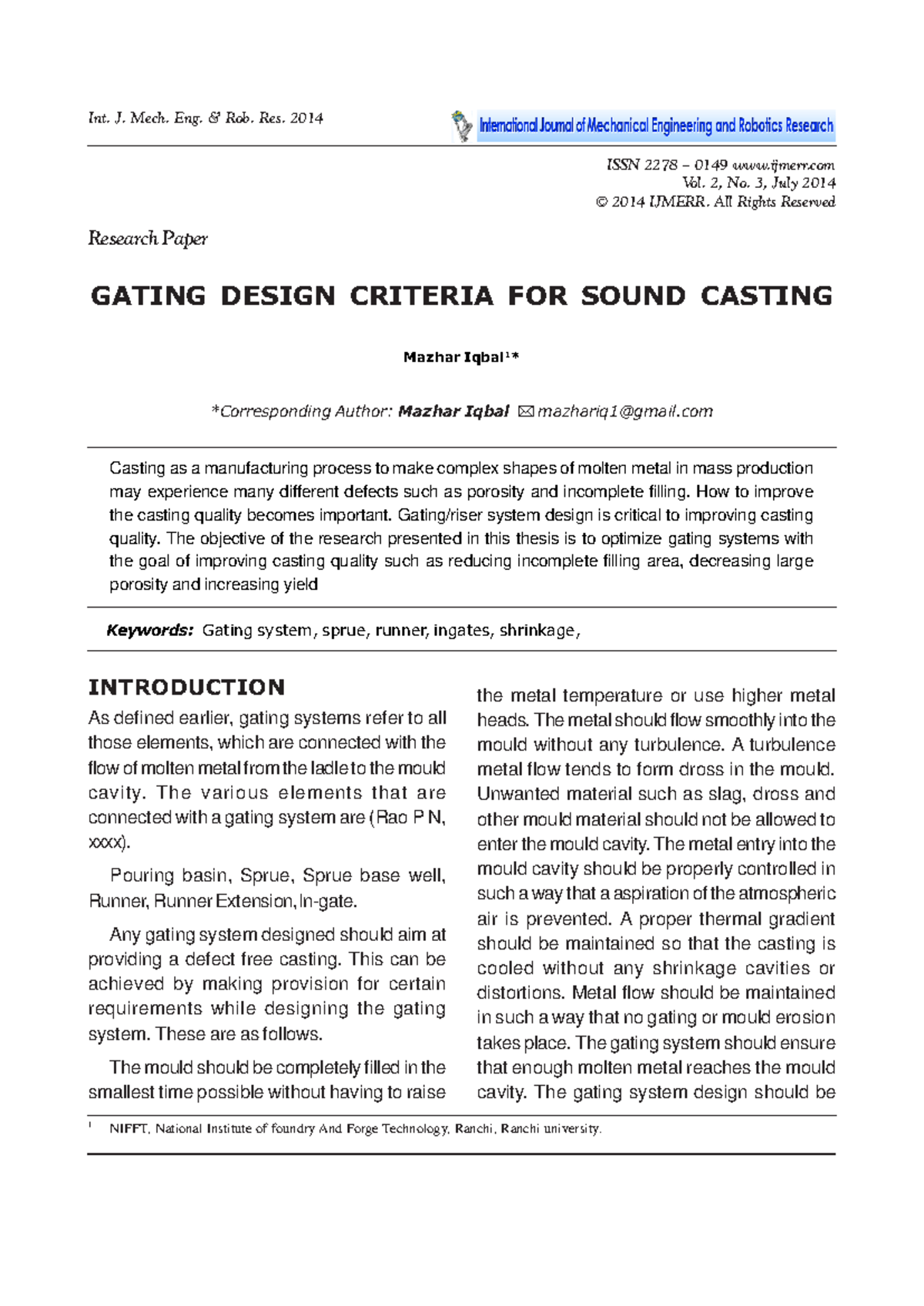 Gating Design Criteria FOR Sound Casting - Int. J. Mech. Eng. & Rob ...