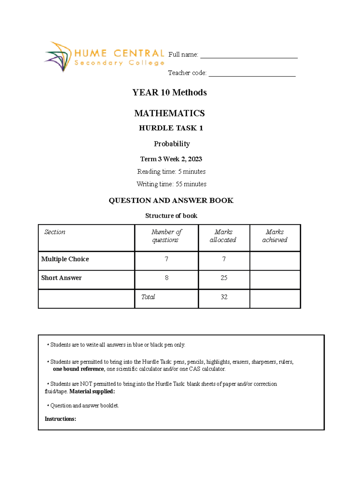 Probability Hurdle Task 1 - Full name ...