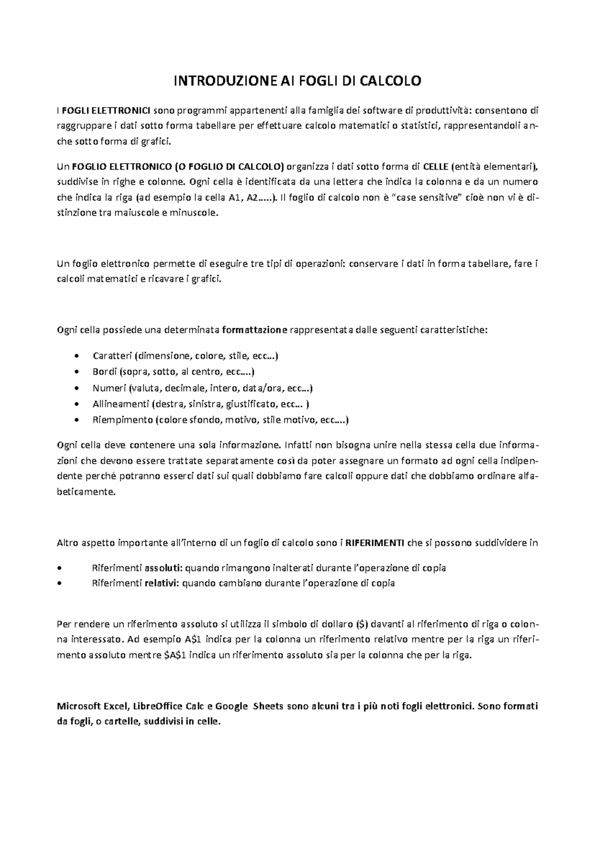Introduzione ai fogli di calcolo - INTRODUZIONE AI FOGLI DI CALCOLO I ...