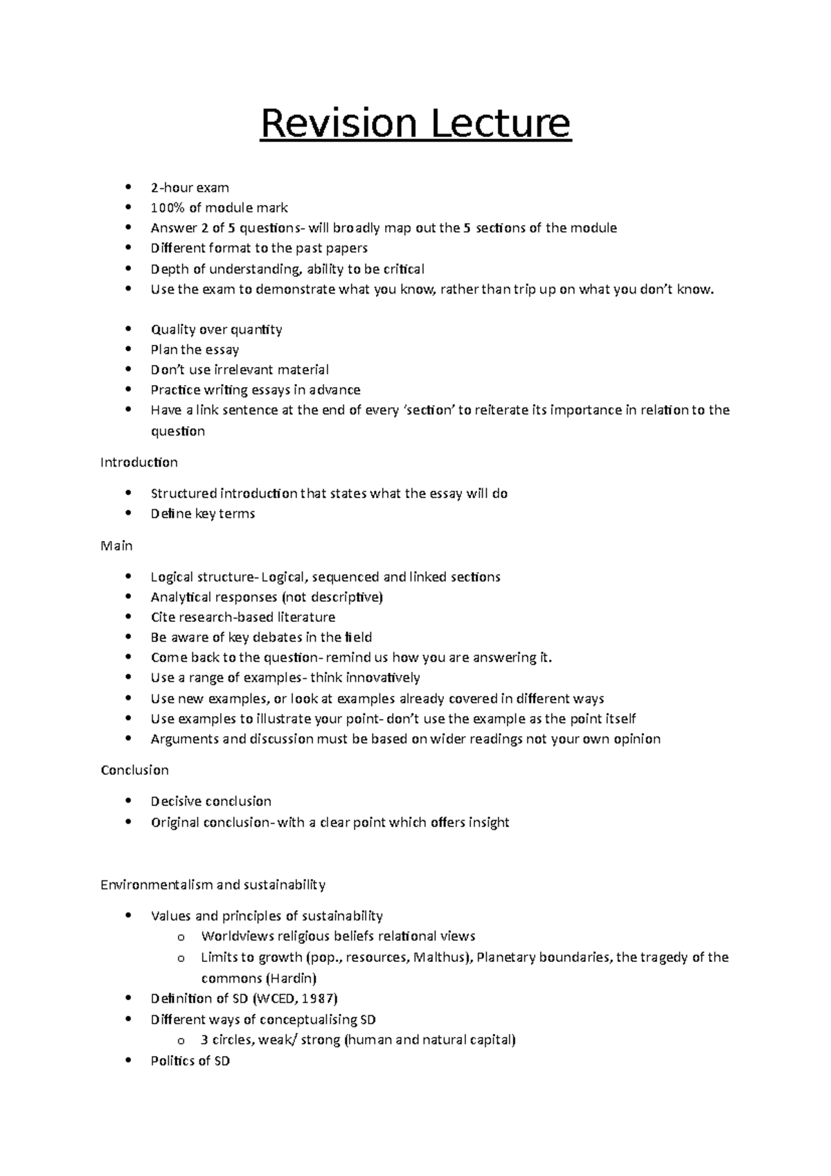 Revision Lecture - Revision Lecture 2-hour exam 100% of module mark ...