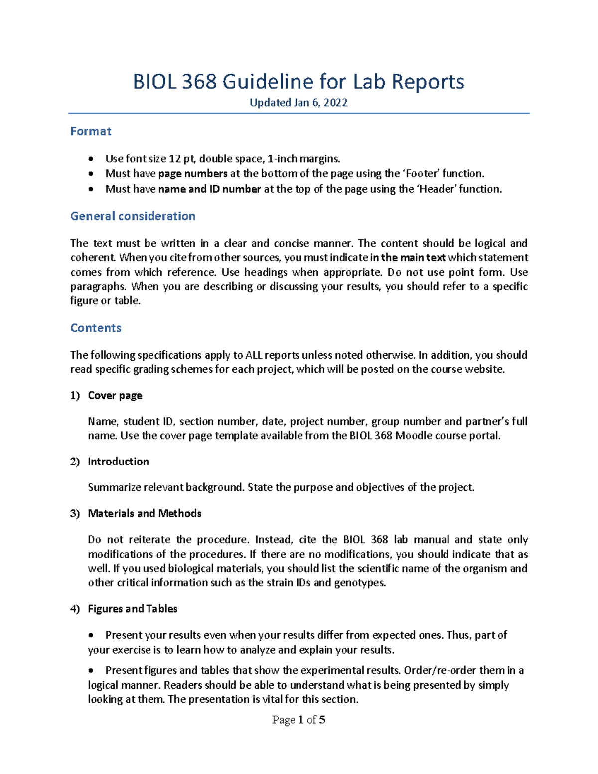 BIOL368 Lab Report Guideline Winter 2022 - BIOL 368 Guideline for Lab ...
