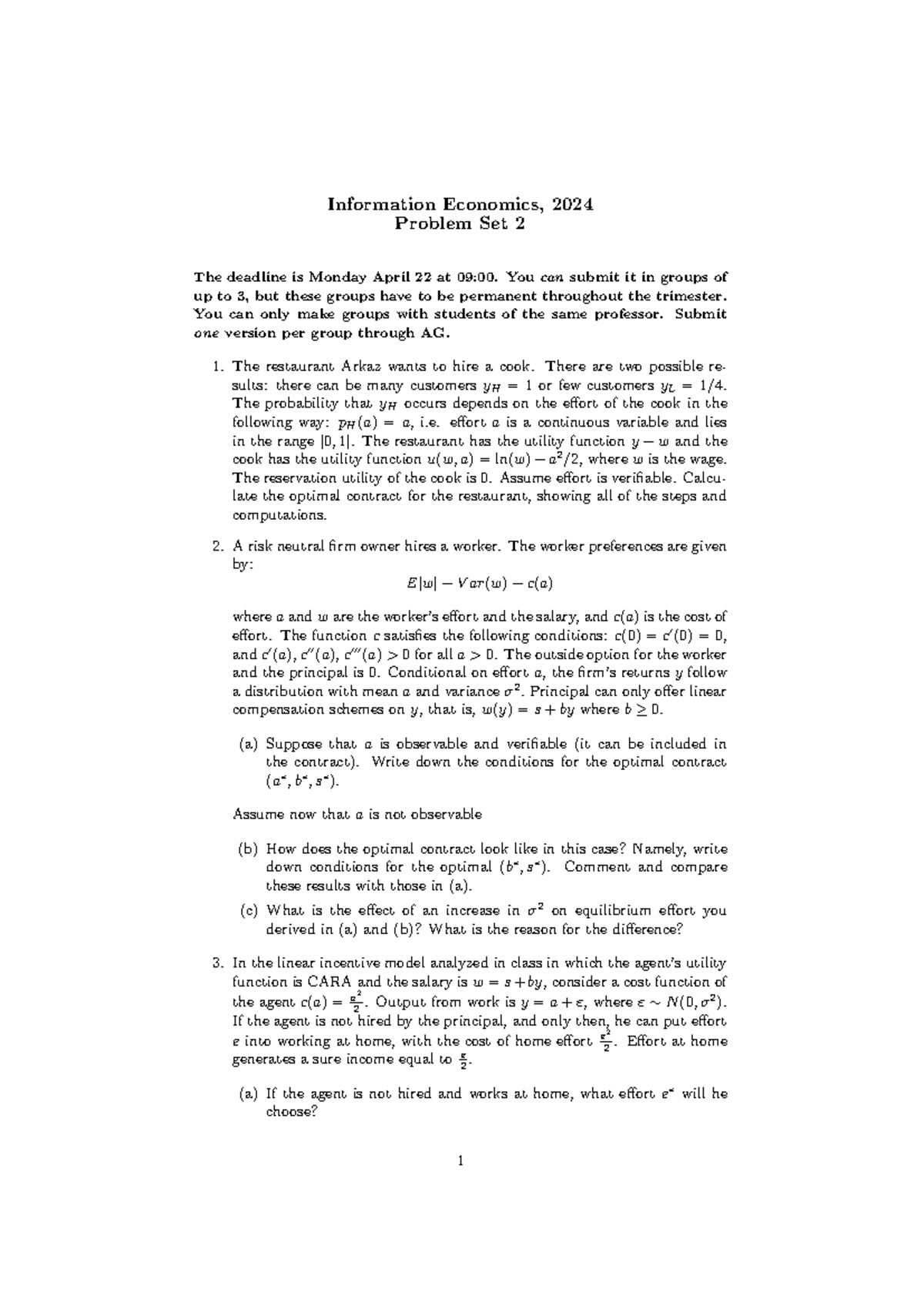 Problem set 2 2024 info eco - Information Economics, 2024 Problem Set 2 ...