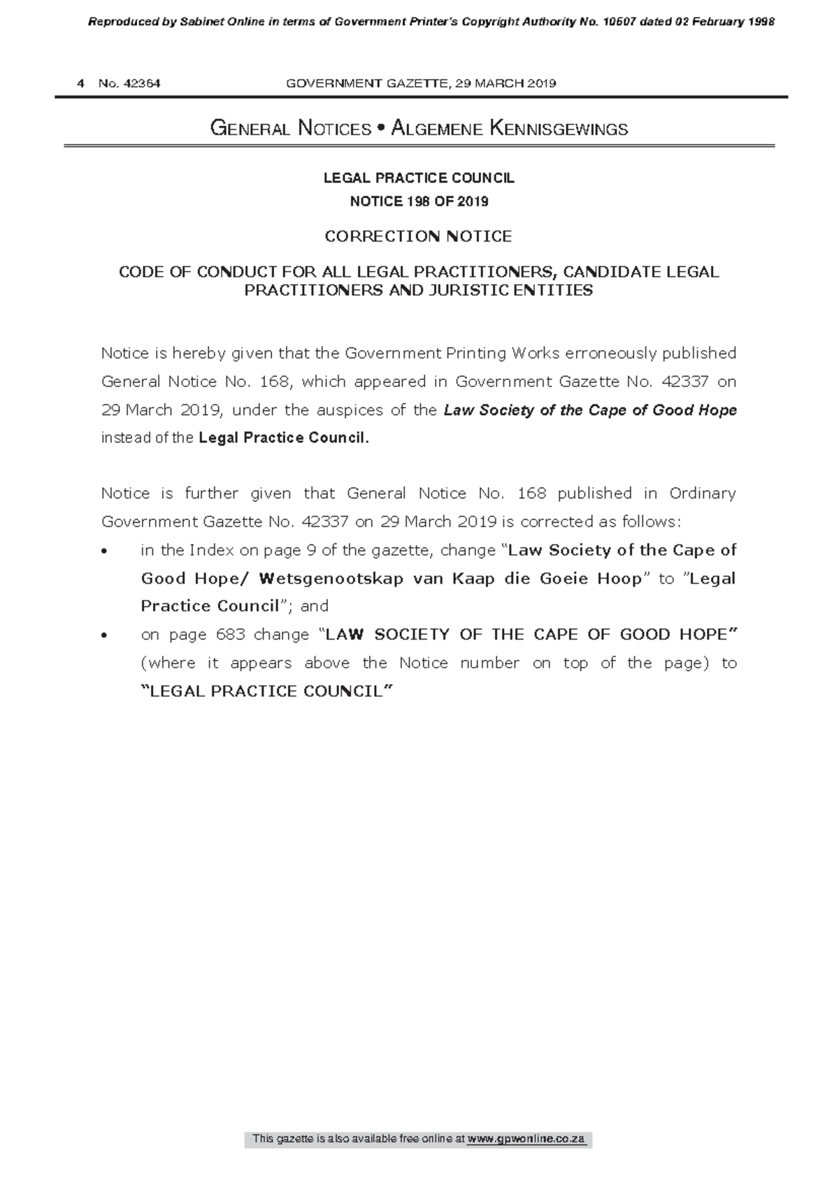 LPC Code of Conduct - Legislation - 4 No. 42364 GOVERNMENT GAZETTE, 29 ...