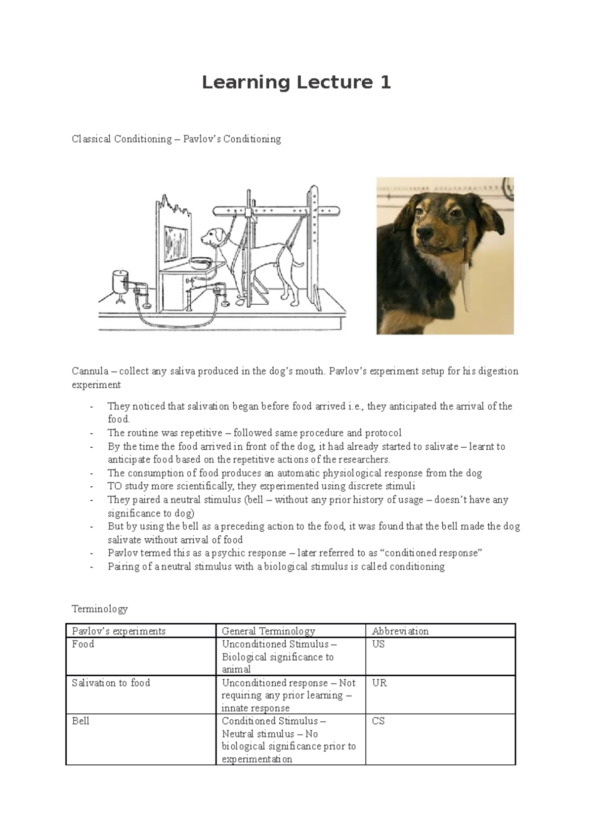 Learning Lecture Notes - Learning Lecture 1 Classical Conditioning ...