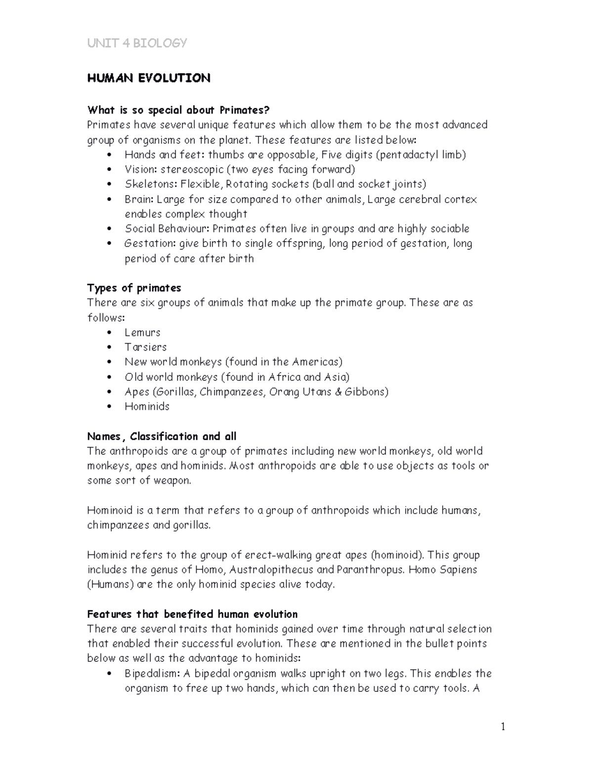 4492UNIT4Human Evolution Notes - HUMAN EVOLUTION What is so special ...