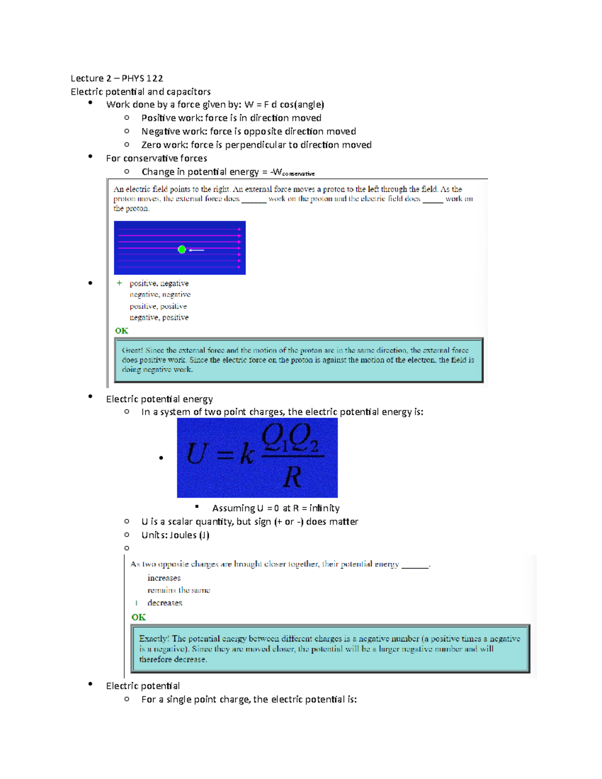 Lecture 2 PHYS 122 - Lecture 2 – PHYS 122 Electric potential and capacitors Work done by a force ...