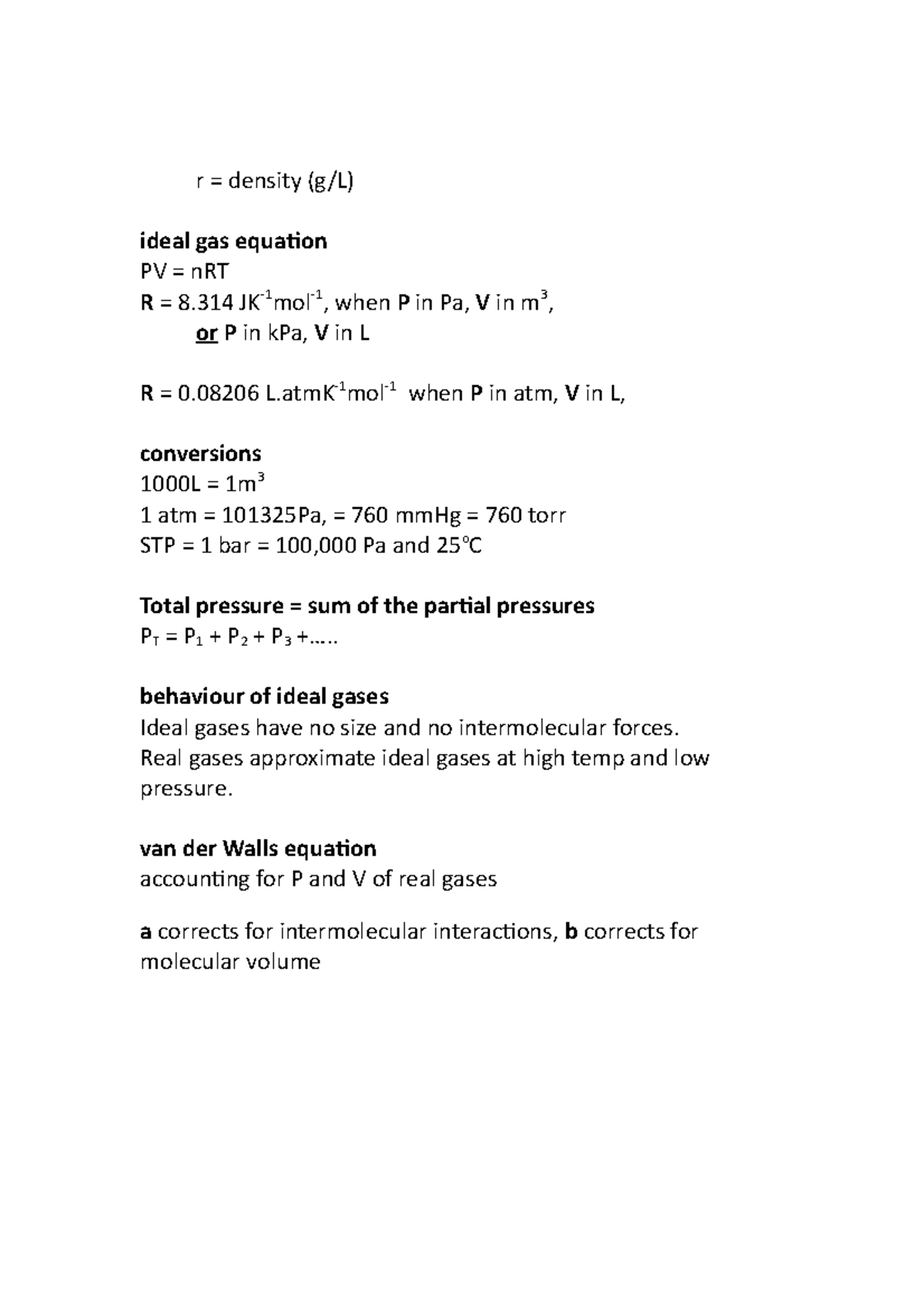 Tutorial 2 Gases Formulas for the Questions - r = density (g/L) ideal ...