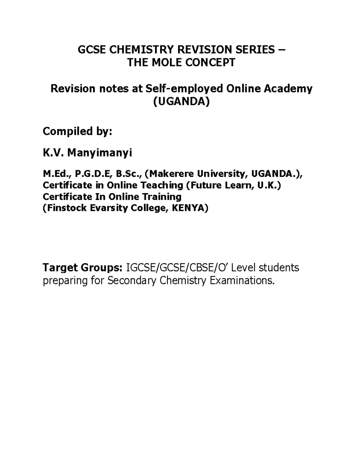 GCSE Chemistry Revision Series – THE MOLE Concept - GCSE CHEMISTRY ...