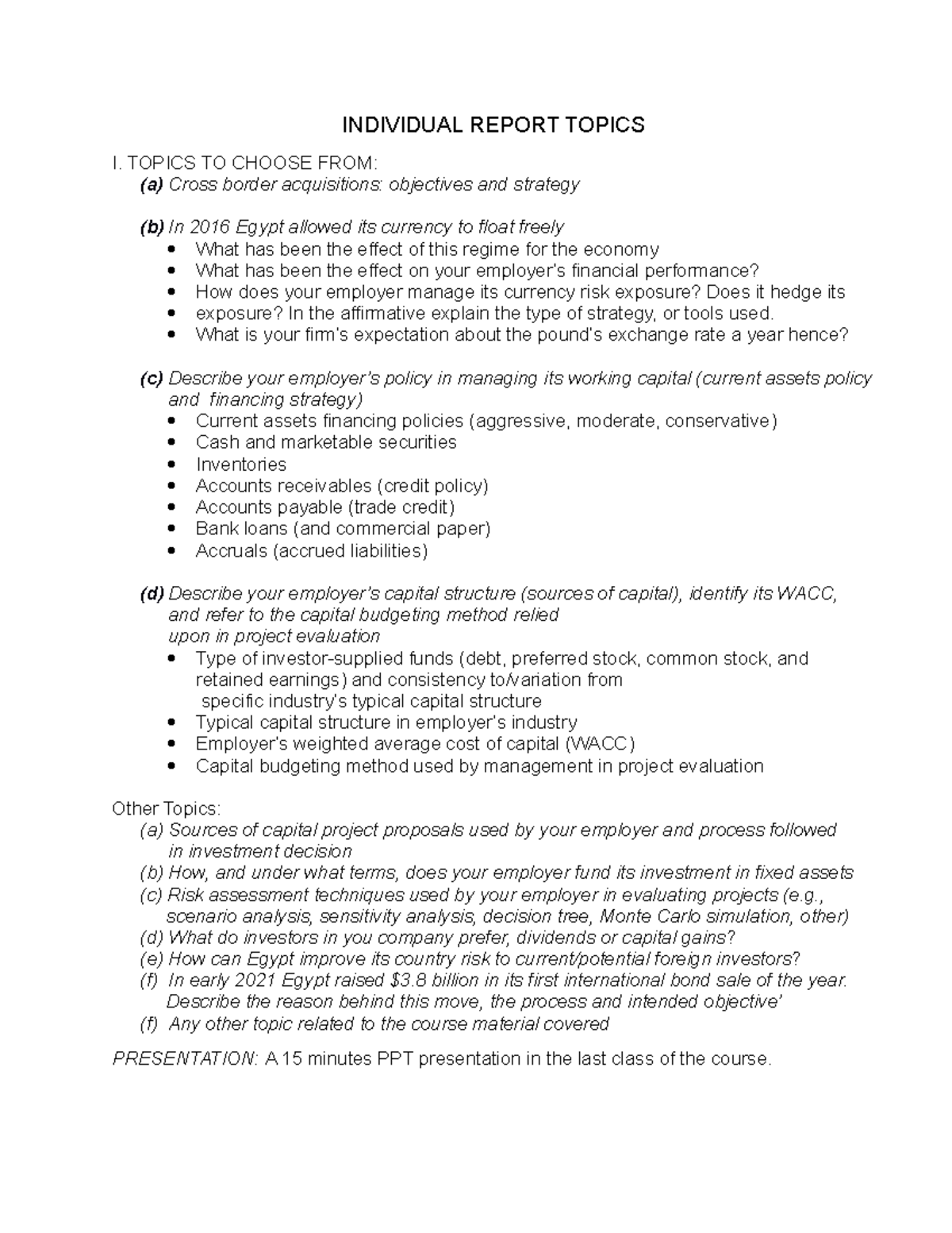 Indivdual Report topics - INDIVIDUAL REPORT TOPICS I. TOPICS TO CHOOSE ...