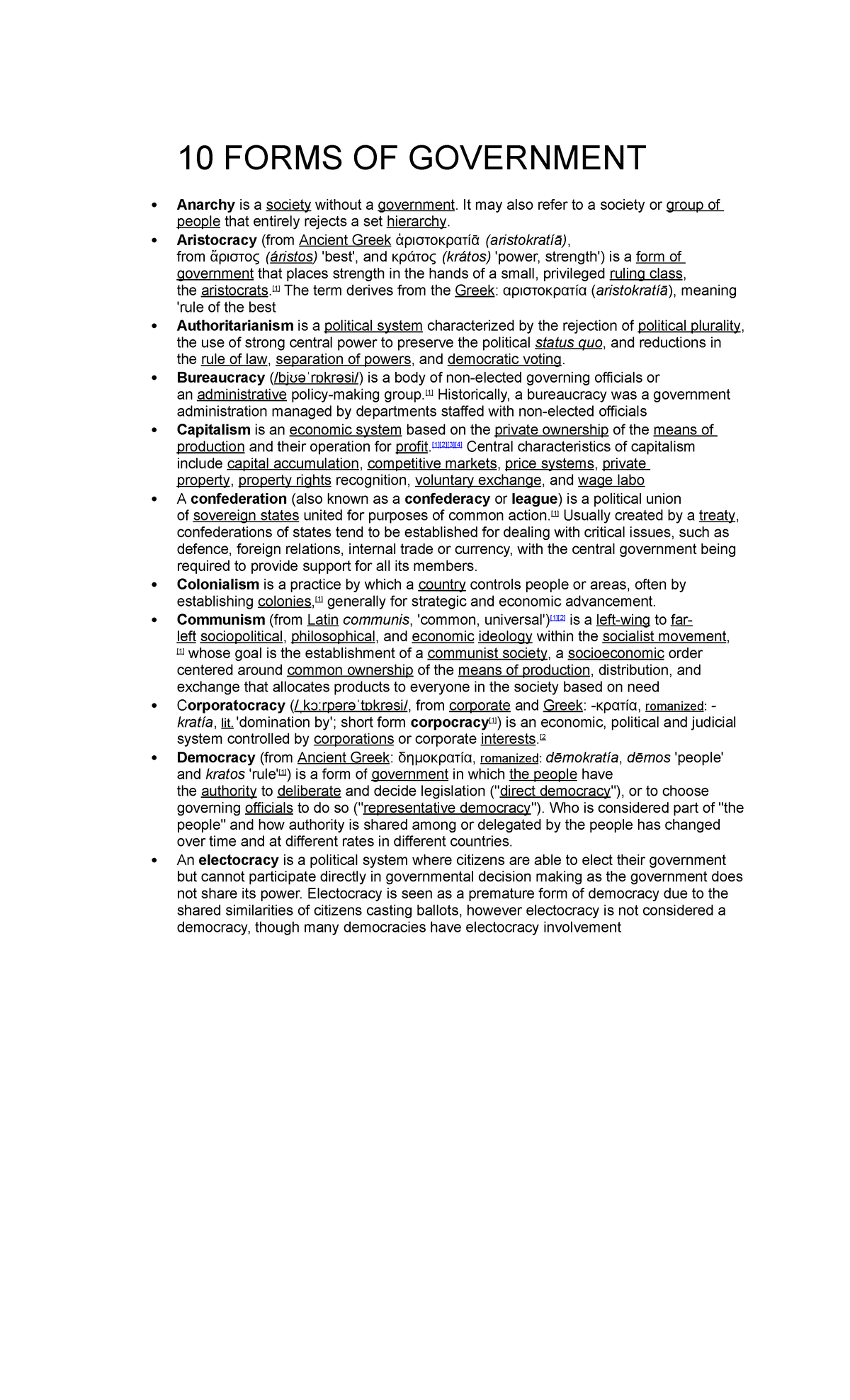 10 Forms OF Government - Summary Secondary Education - 10 FORMS OF ...