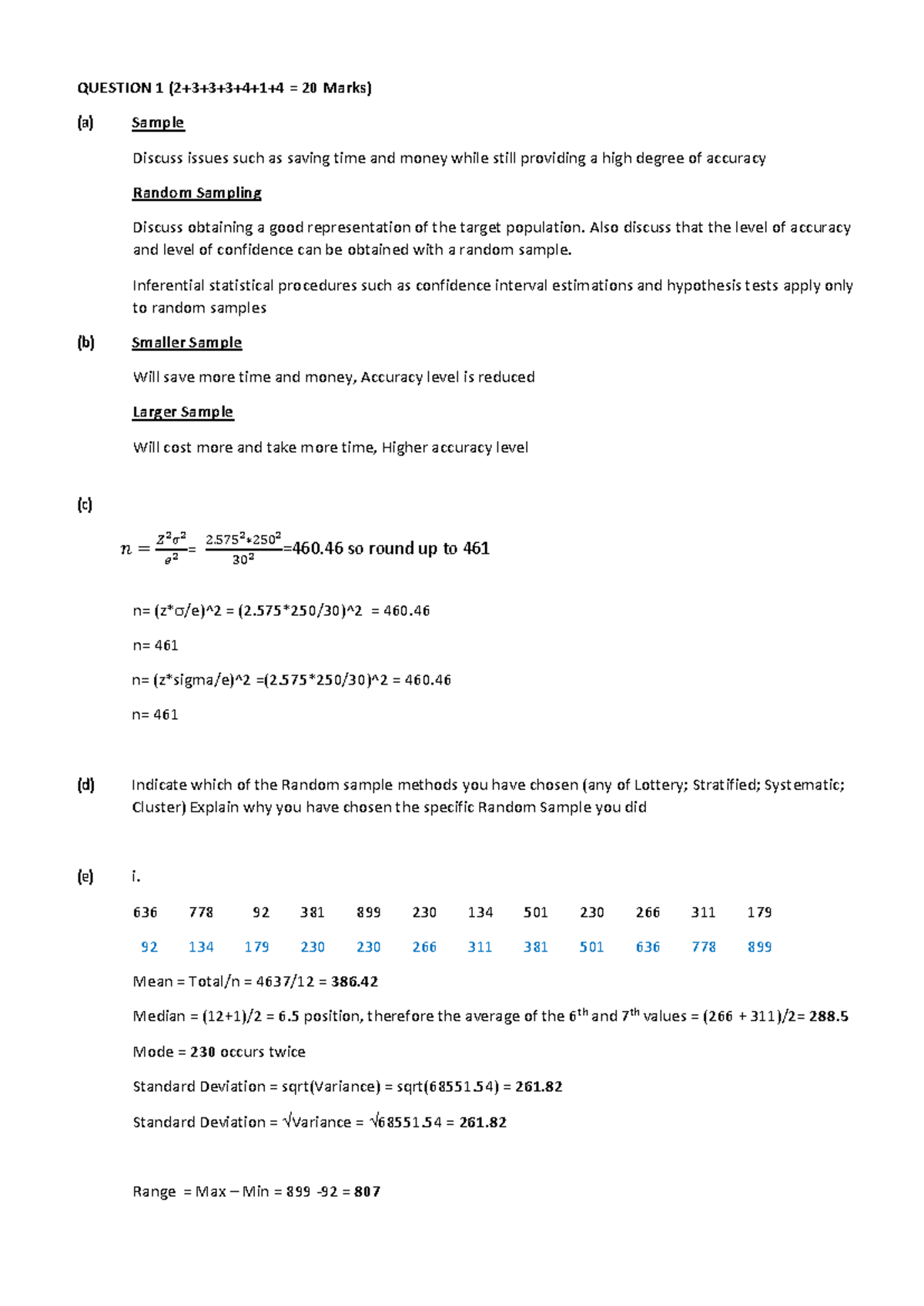 MIS770 Sample Exam One Brief Solutions - QUESTION 1 (2+3+3+3+4+1+4 = 20 Marks) (a) Sample ...