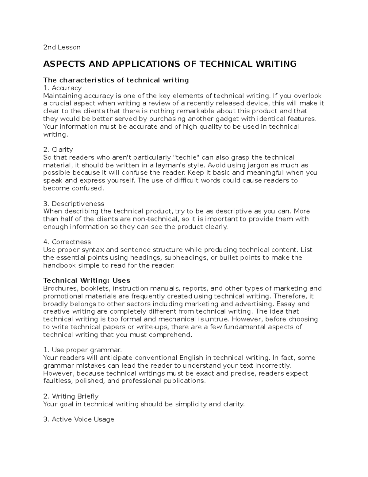 2nd Lesson Properties and Uses of Technical Writing - 2nd Lesson ...
