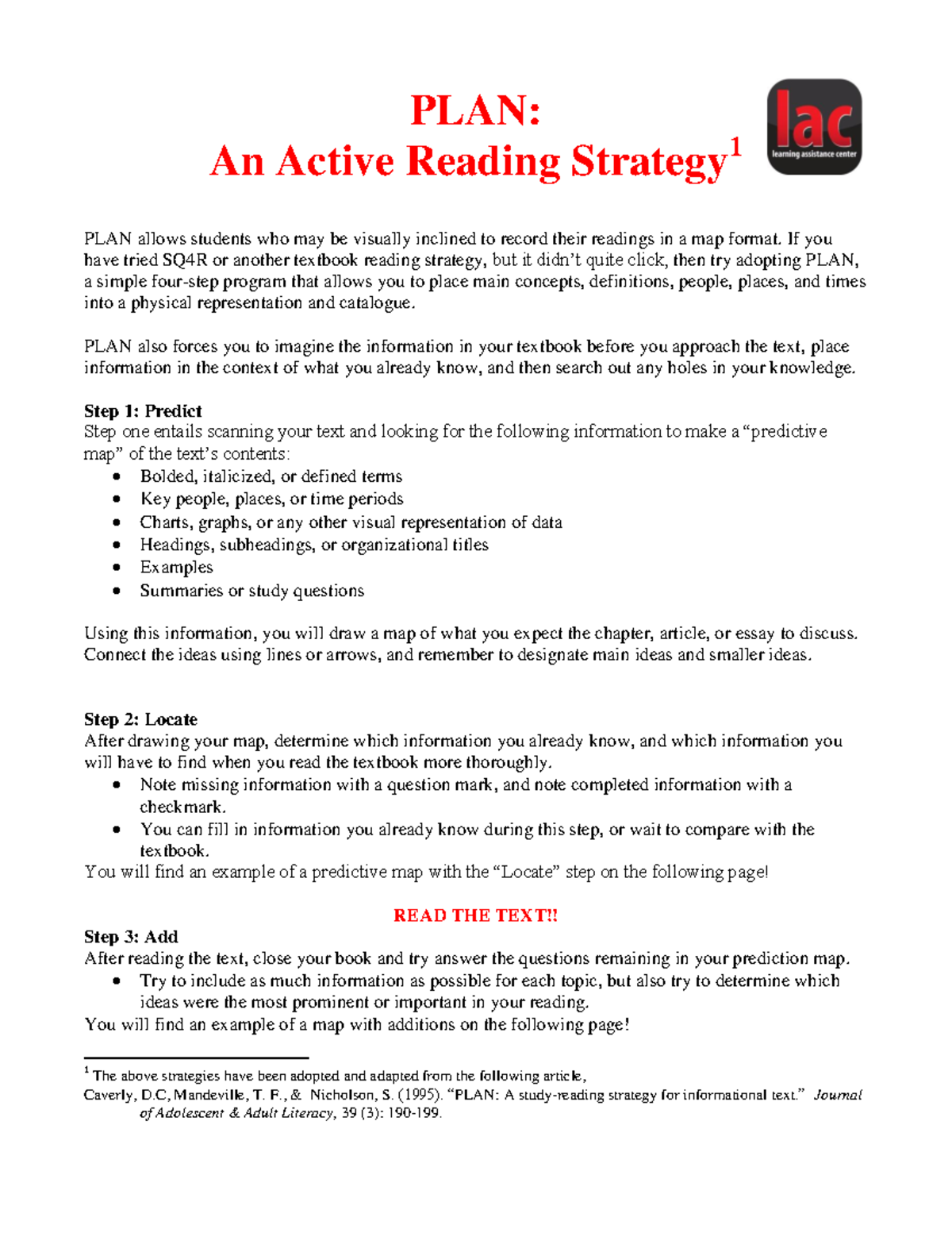 (Gr. I) Reading strategy - PLAN: An Active Reading Strategy 1 PLAN ...