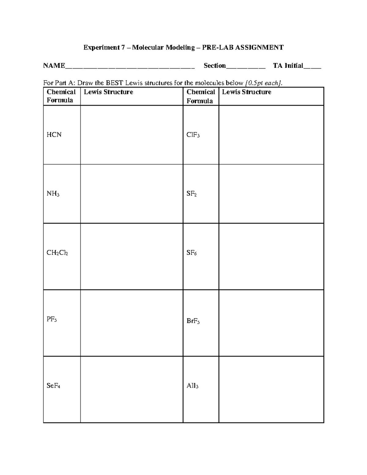 Experiment%207%20-%20Report - Experiment 7 – Molecular Modeling – PRE-LAB ASSIGNMENT - Studocu