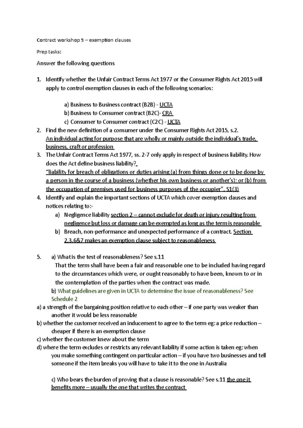 Contract - Exemption Clauses - Contract workshop 9 – exemption clauses ...