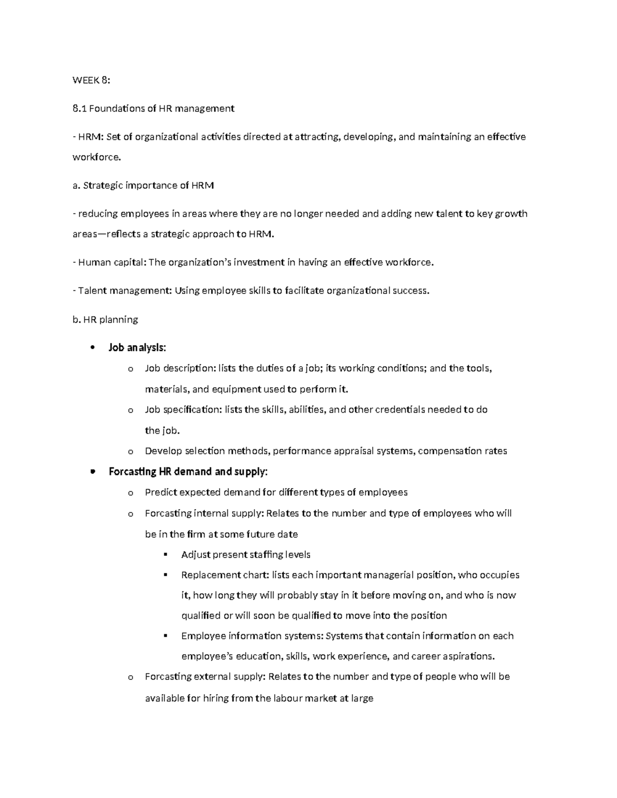 WEEK 8 - Week 8 note - WEEK 8: 8 Foundations of HR management HRM: Set ...