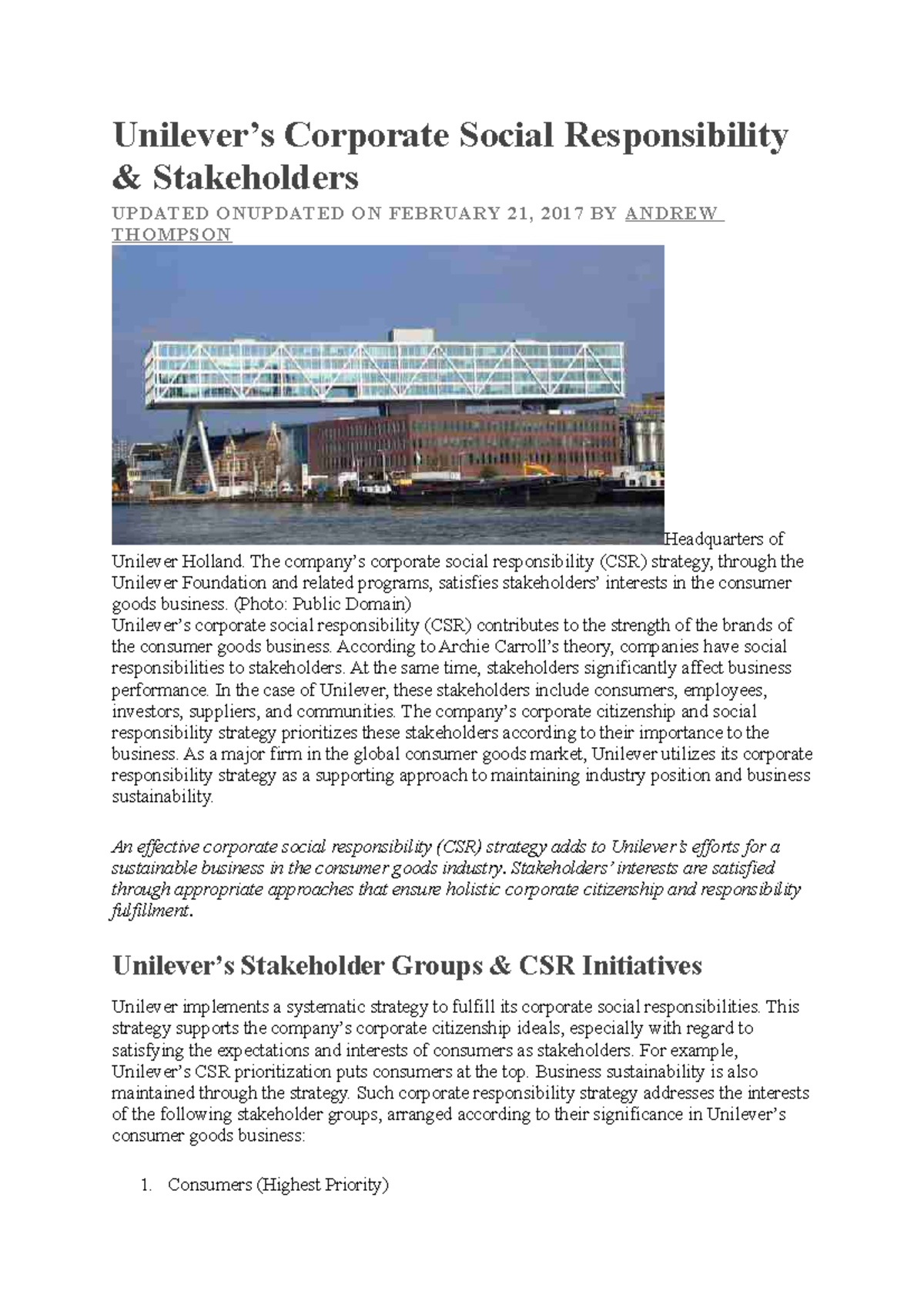 Unilever Operation Management - Unilever’s Corporate Social ...