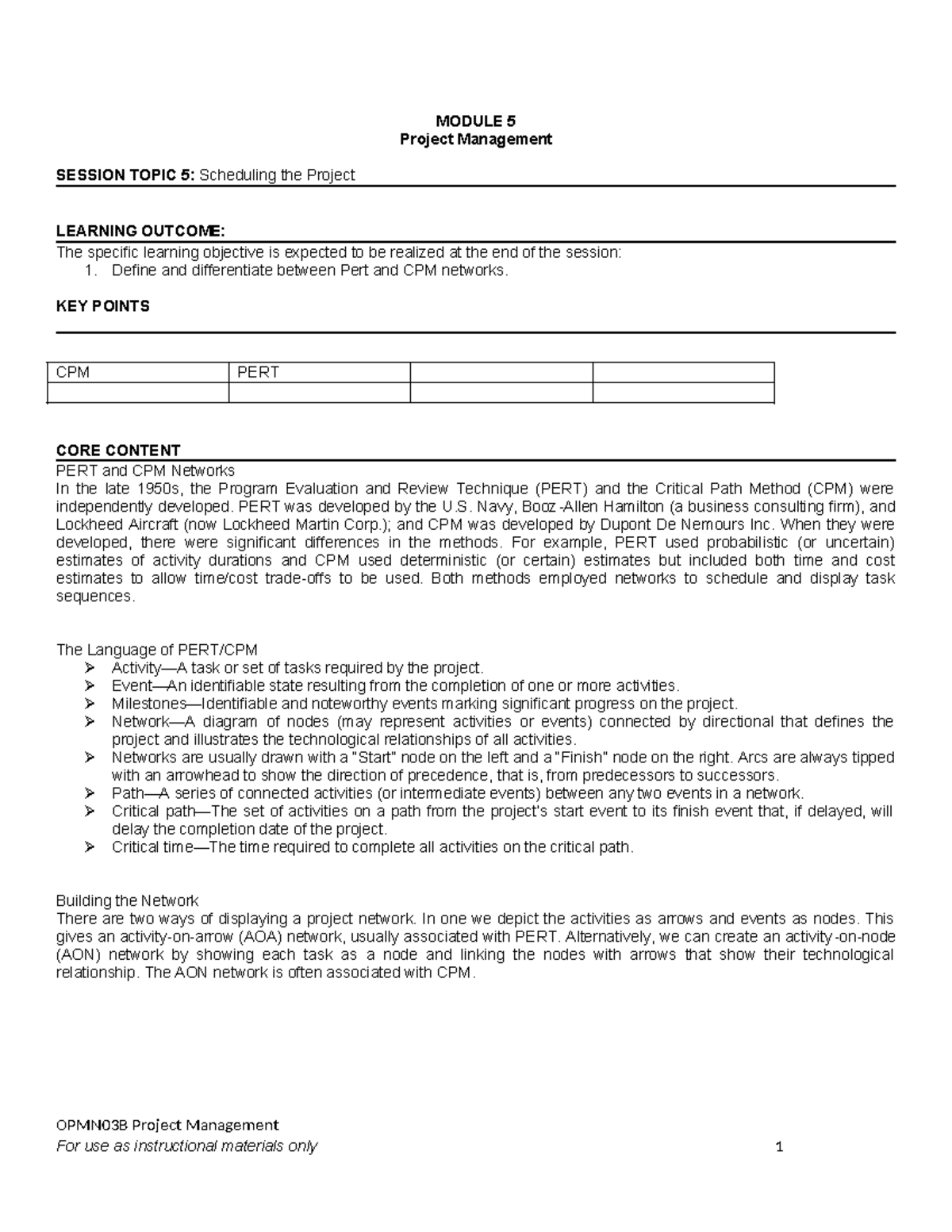 OPMN03B-M5 - a lecture about operational management. - MODULE 5 Project Management SESSION TOPIC ...