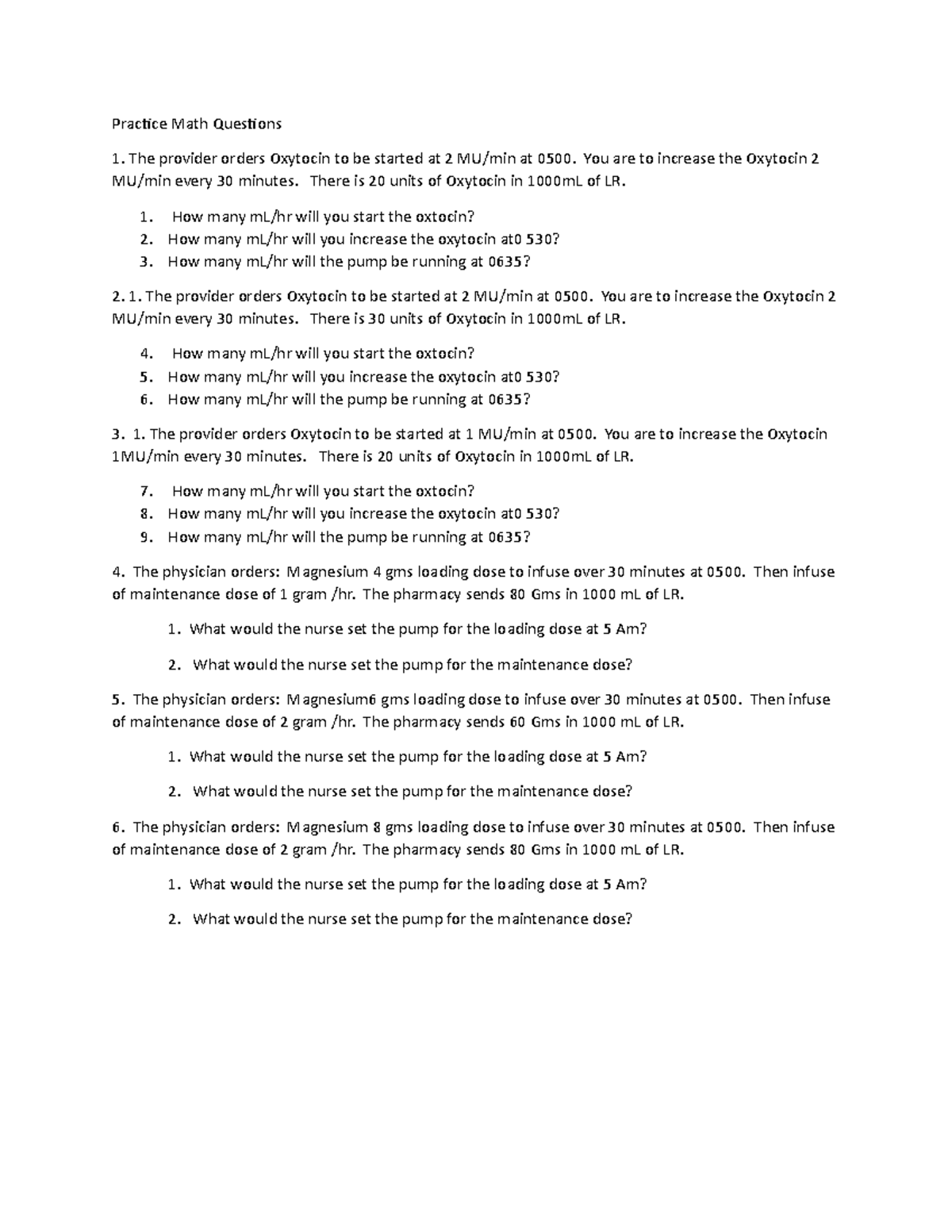 Practice Math Questions Fetal - Practice Math Questions The provider ...