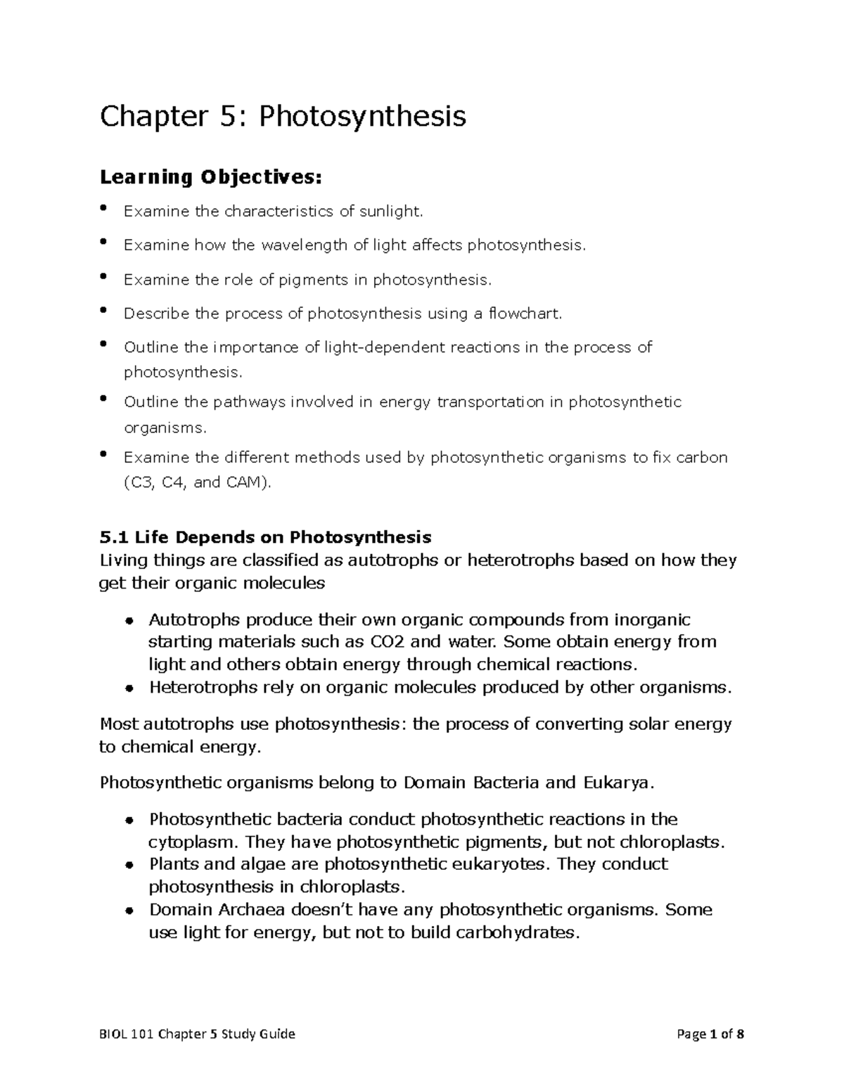Biology- Chapter Five - Chapter 5: Photosynthesis Learning Objectives ...