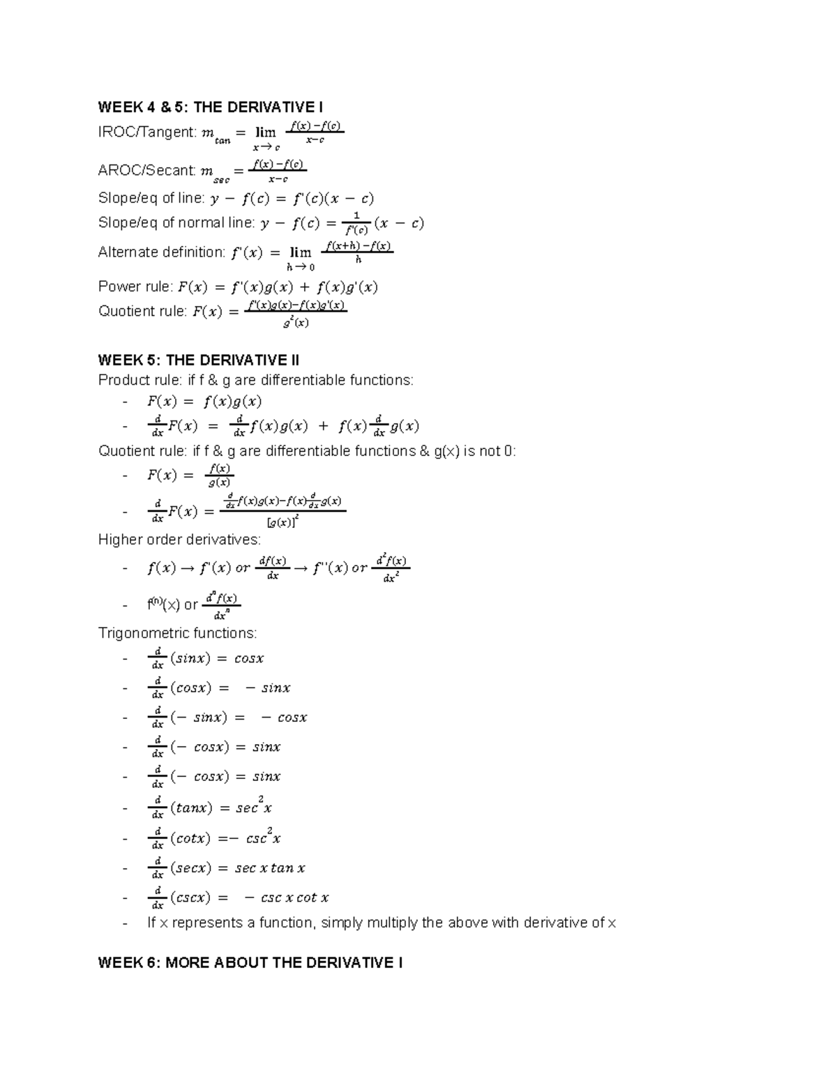 Math midterm 2 - WEEK 4 & 5: THE DERIVATIVE I IROC/Tangent: 𝑚𝑡𝑎𝑛 = 𝑥 𝑐 ...