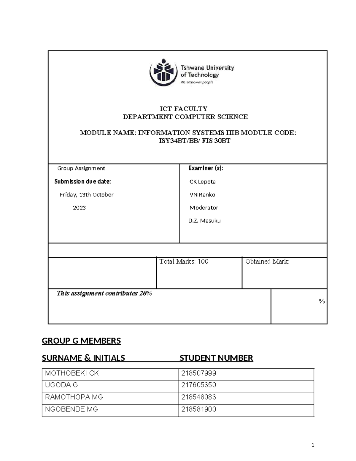 ISY34BT Project Final - ICT FACULTY DEPARTMENT COMPUTER SCIENCE MODULE NAME: INFORMATION SYSTEMS ...