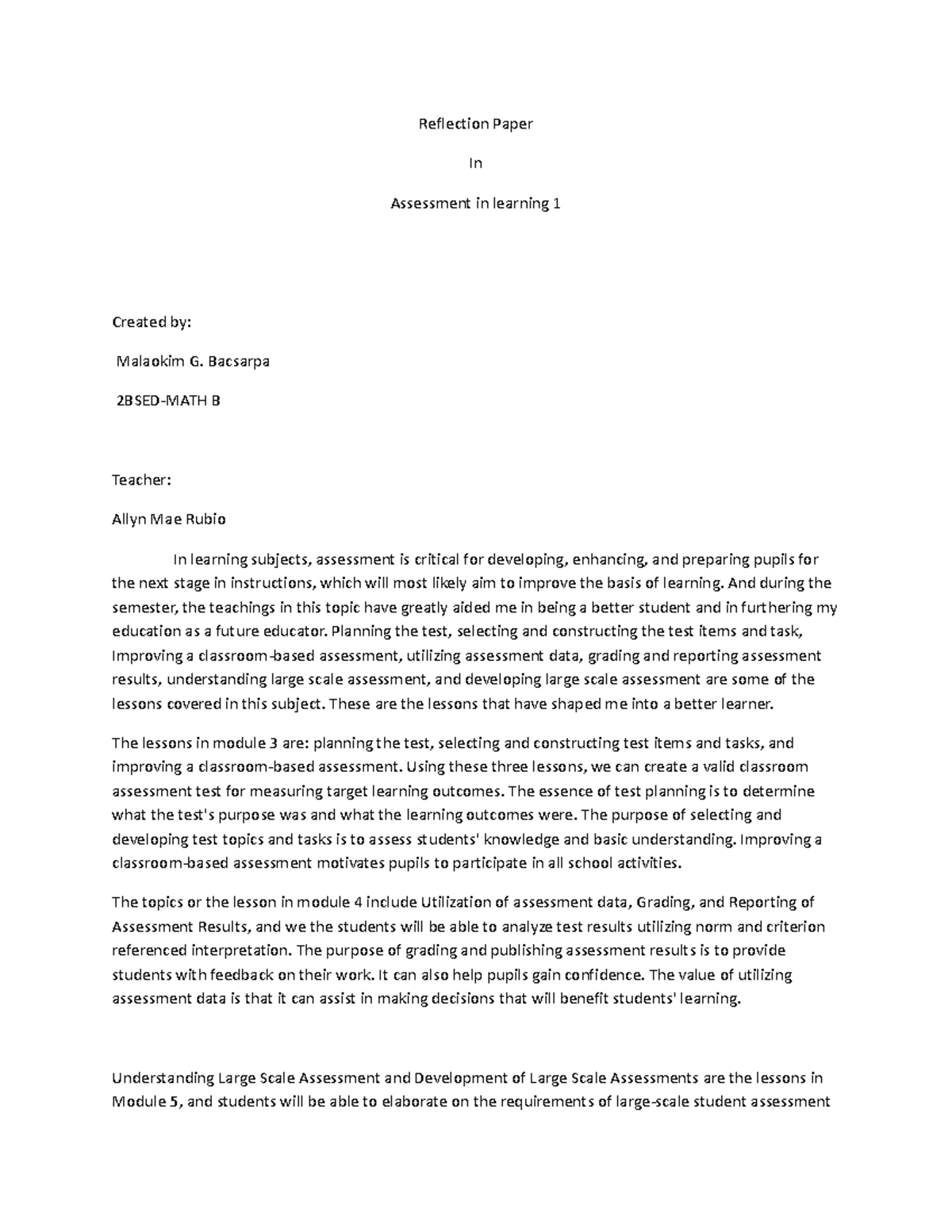 Reflection Pape-WPS Office - Reflection Paper In Assessment in learning ...
