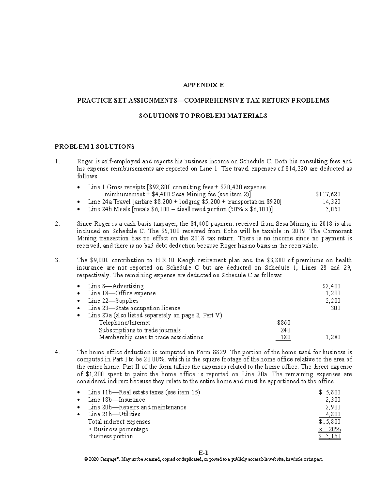 Tax Return solution - E- APPENDIX E PRACTICE SET ASSIGNMENTS—COMPREHENSIVE TAX RETURN PROBLEMS ...