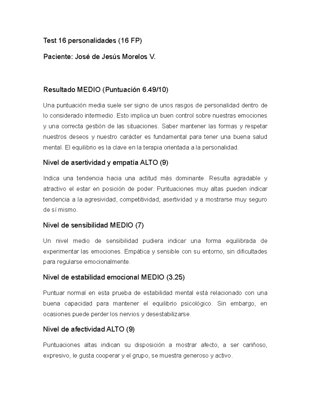 Test 16 personalidades José - Test 16 personalidades (16 FP) Paciente ...
