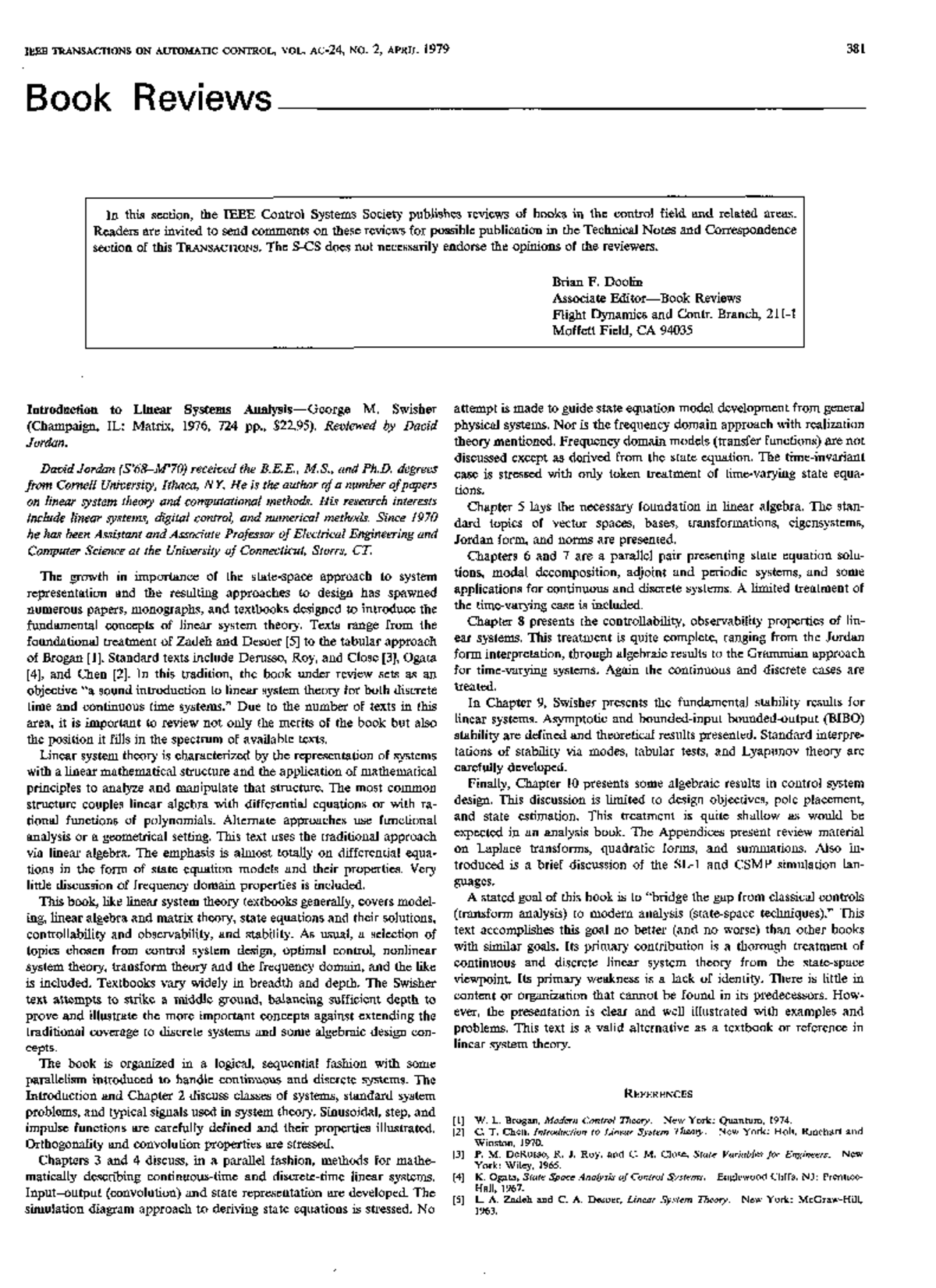 Introduction To Linear Systems Analysis Ieee Transactionson Automaticcontrolvol Ac 24 No