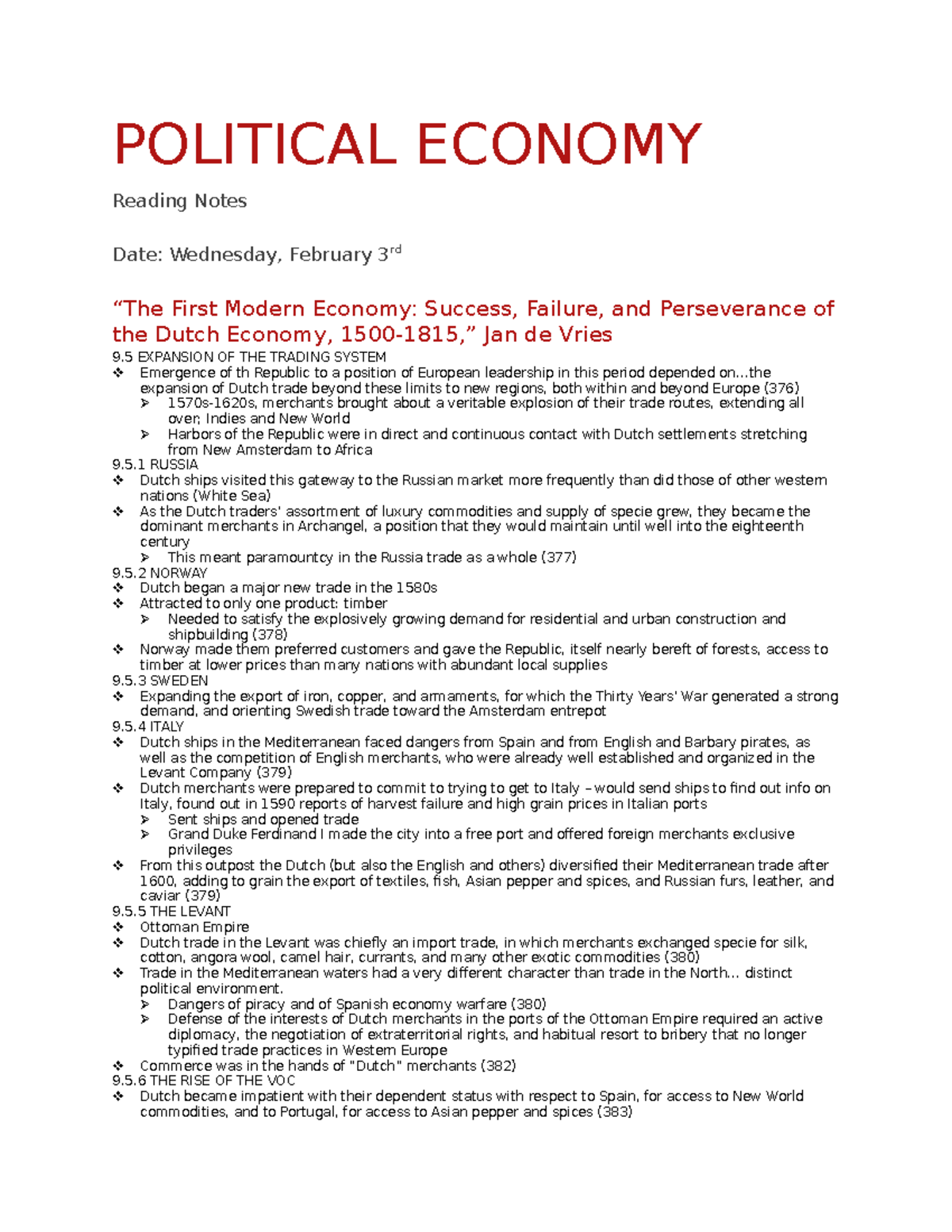 Reading Notes Political Economy Reading Notes Date Wednesday