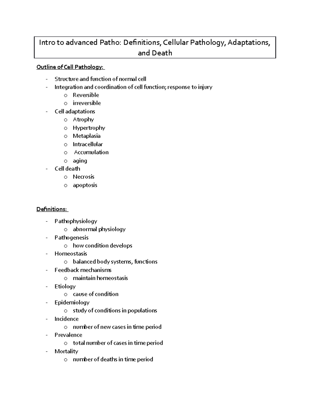 Patho- Intro and Definitions - Intro to advanced Patho: Definitions, Cellular Pathology, - Studocu