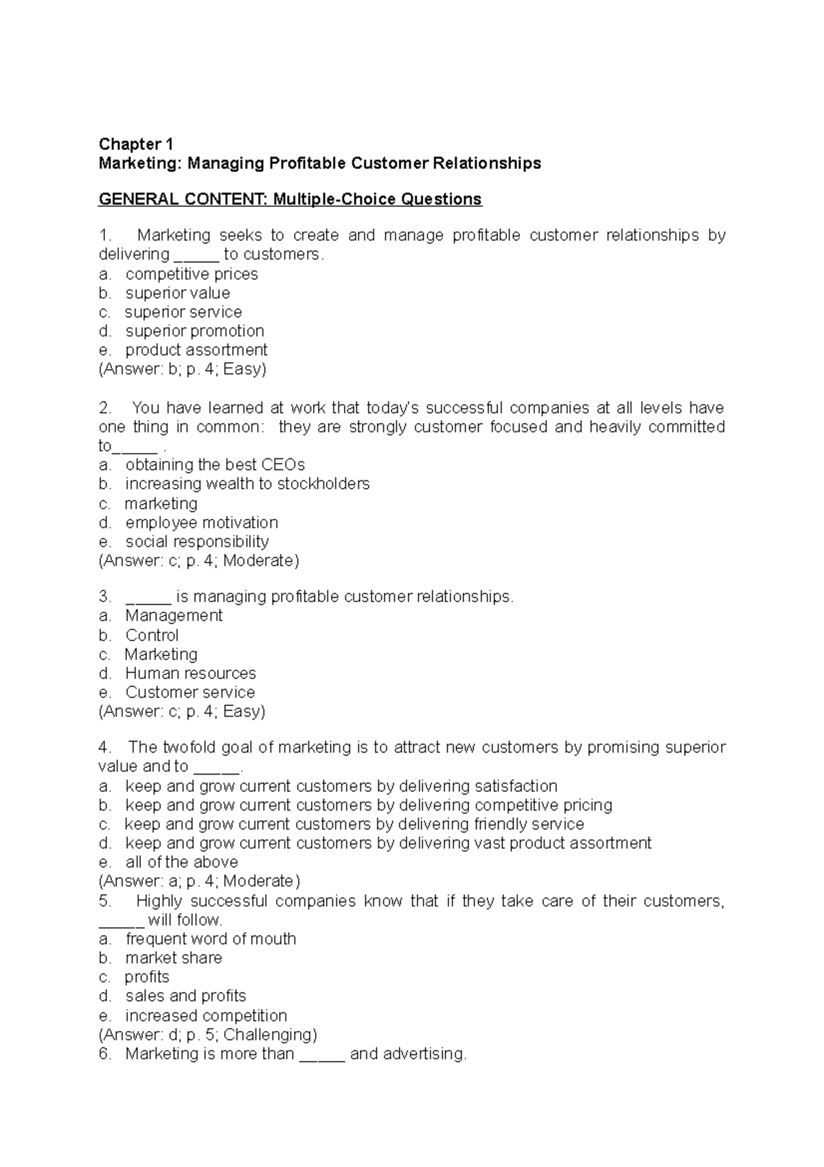 Charpter 1 - Some exercises - Chapter 1 Marketing: Managing Profitable Customer Relationships ...