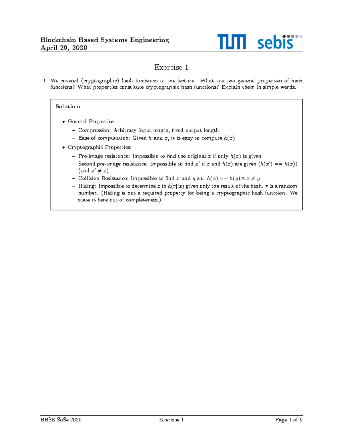 IN2359 Blockchain Based Systems Engineering Exercise 1 with Solution (2020) - Blockchain Based ...