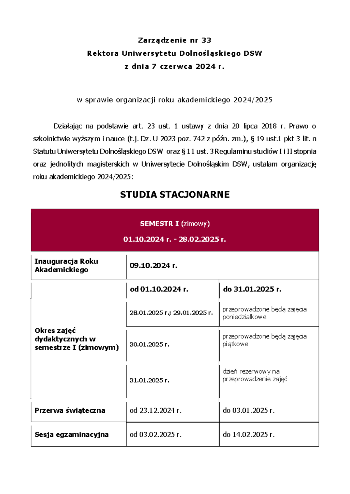Organizacja Roku Akademickiego 2024 2025-1 - Zarządzenie nr 33 Rektora Uniwersytetu ...
