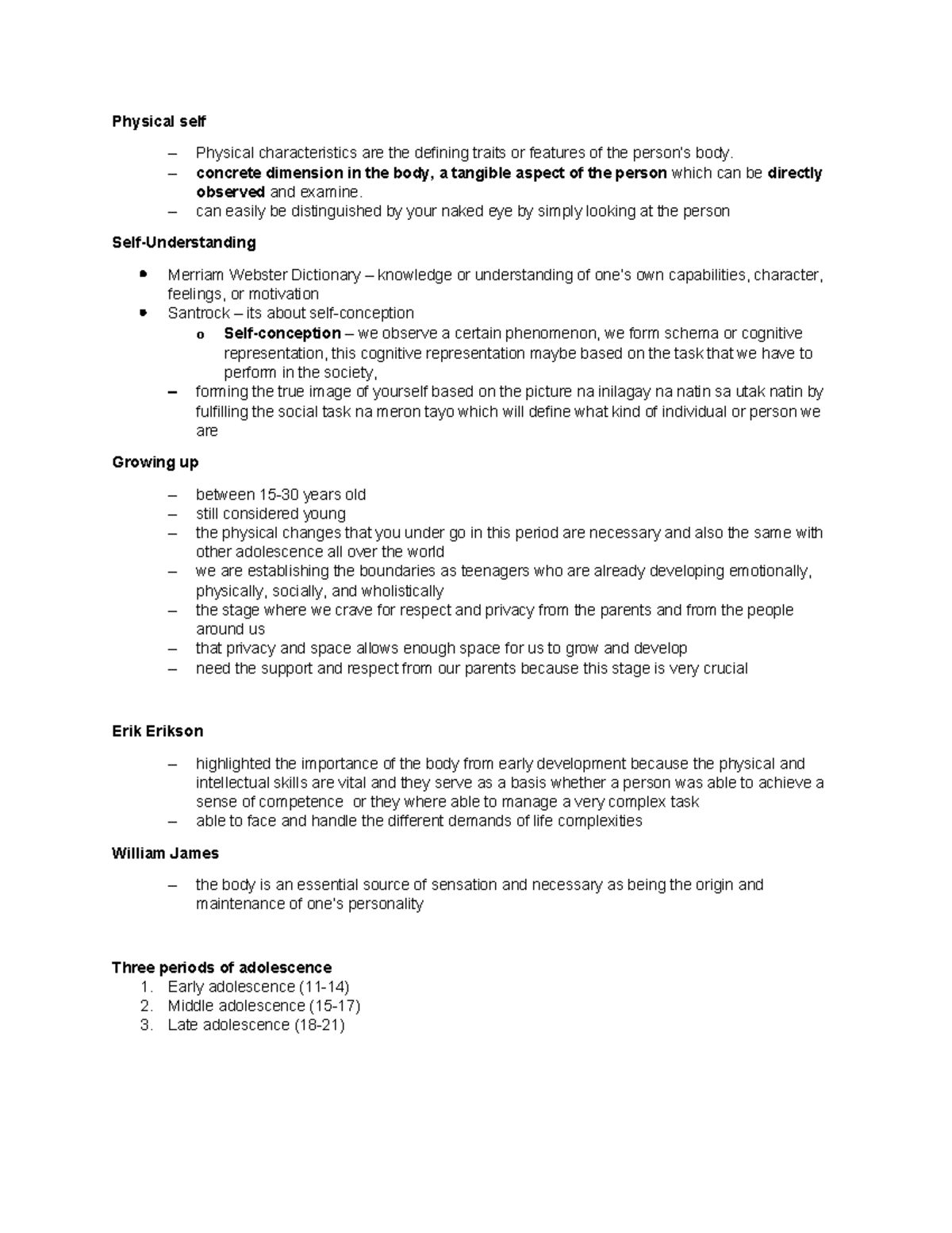 Physical self - Notes - Physical self - Physical characteristics are ...