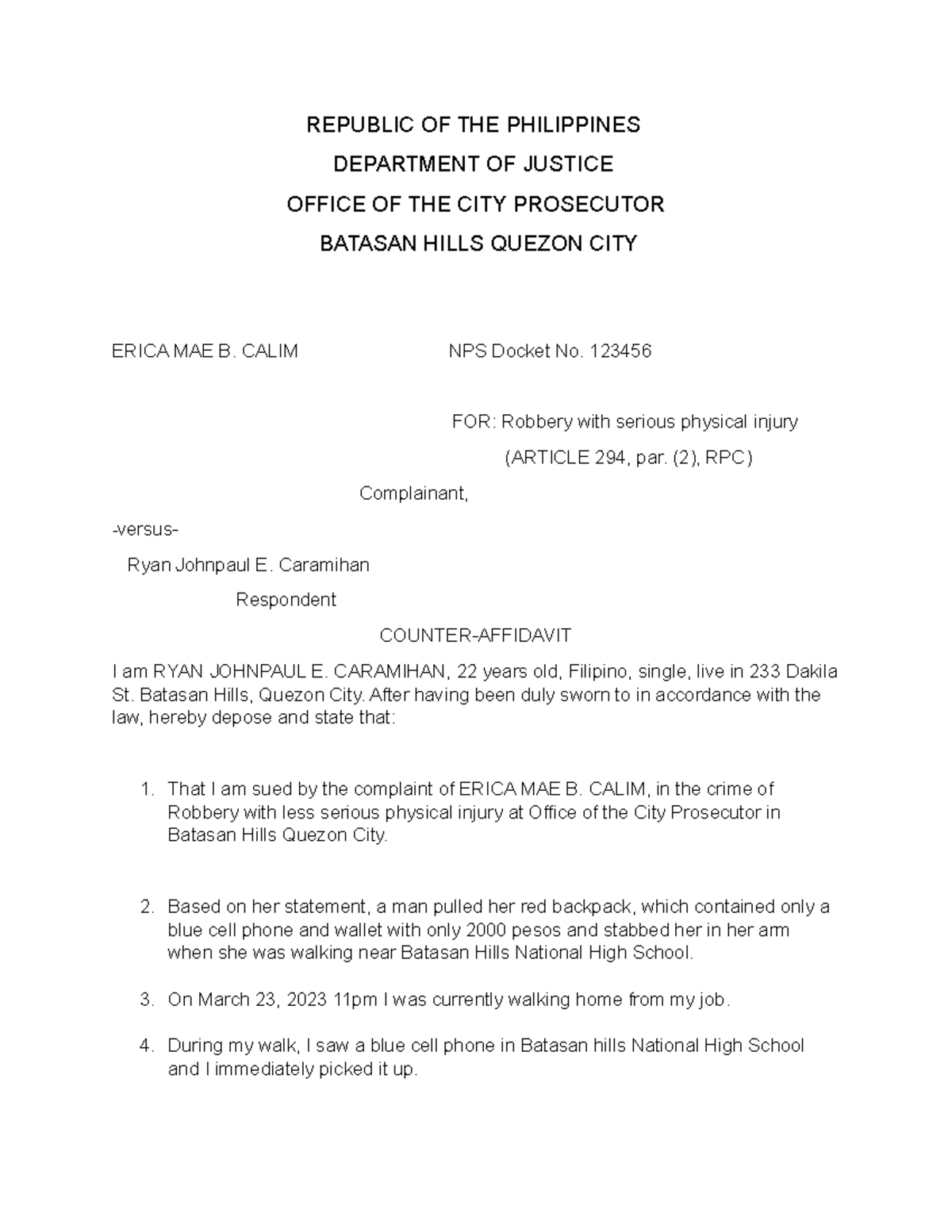 Counter affidavit - REPUBLIC OF THE PHILIPPINES DEPARTMENT OF JUSTICE ...