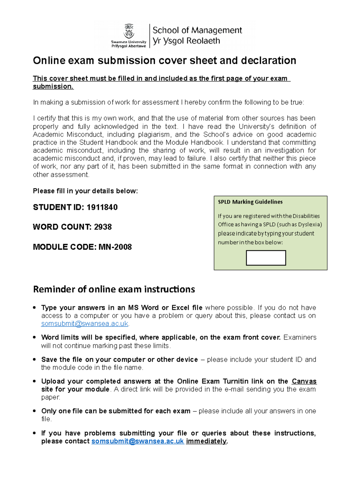 1911840 MN-2008 - Assignment - Online exam submission cover sheet and ...
