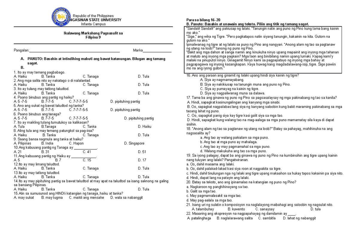 2nd-grading - n/a - Republic of the Philippines PANGASINAN STATE ...