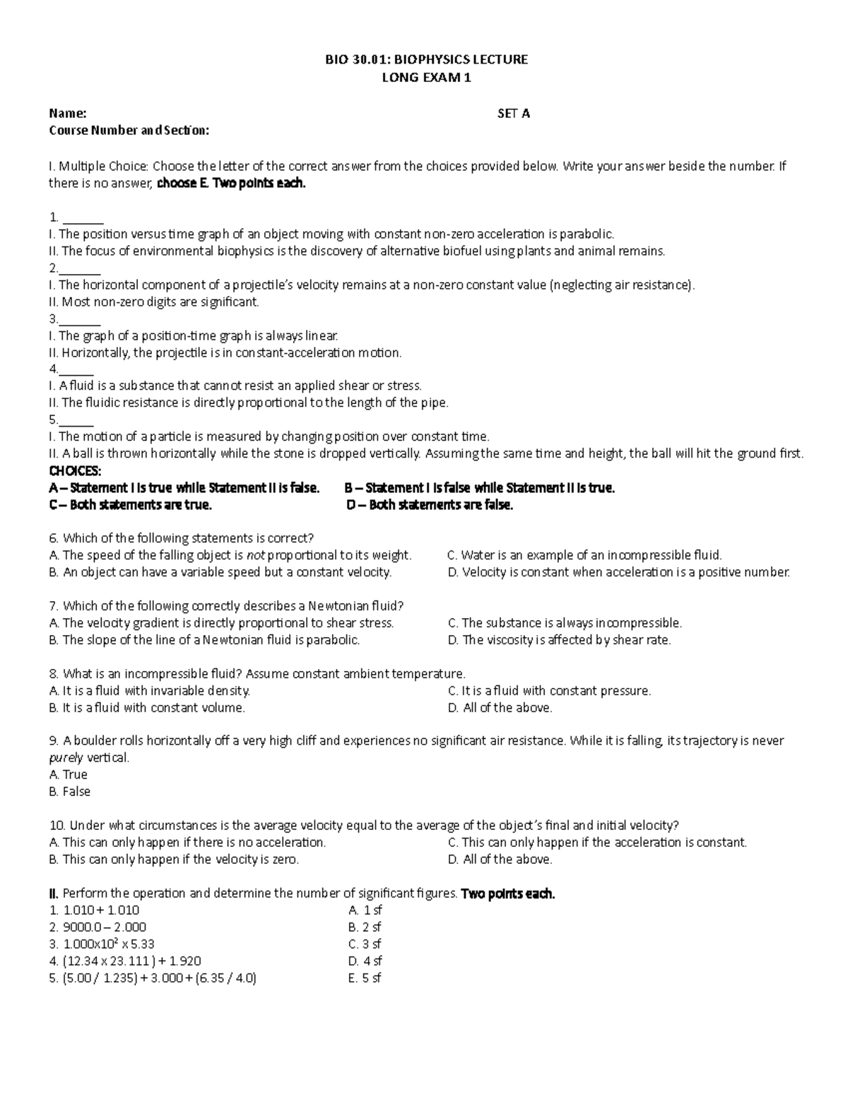 LONG TEST 1 SET A - Quiz - BIO 30: BIOPHYSICS LECTURE LONG EXAM 1 Name ...